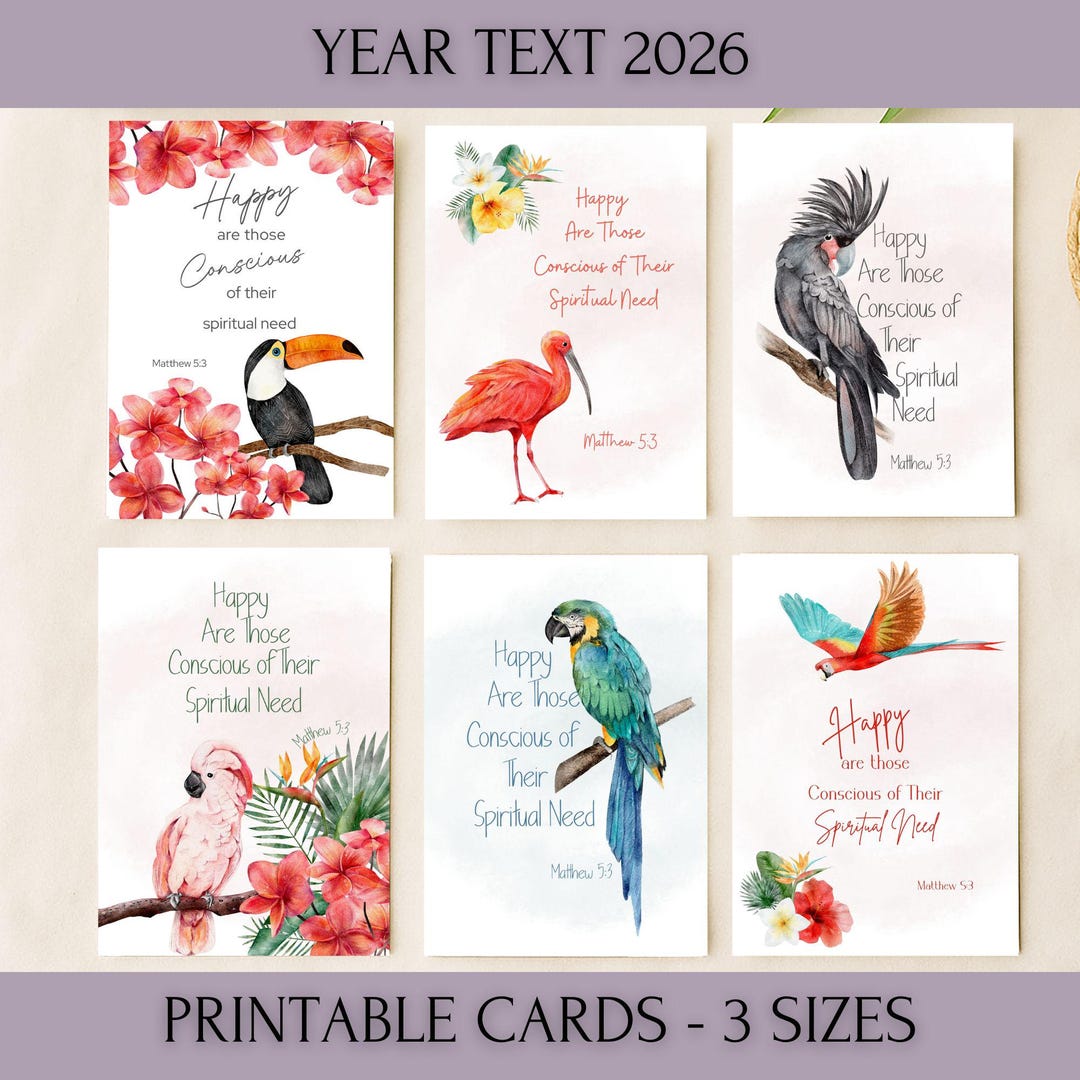 JW Year Text 2026 Printable Cards – Matthew 5:3, Tropical Bird Designs ...