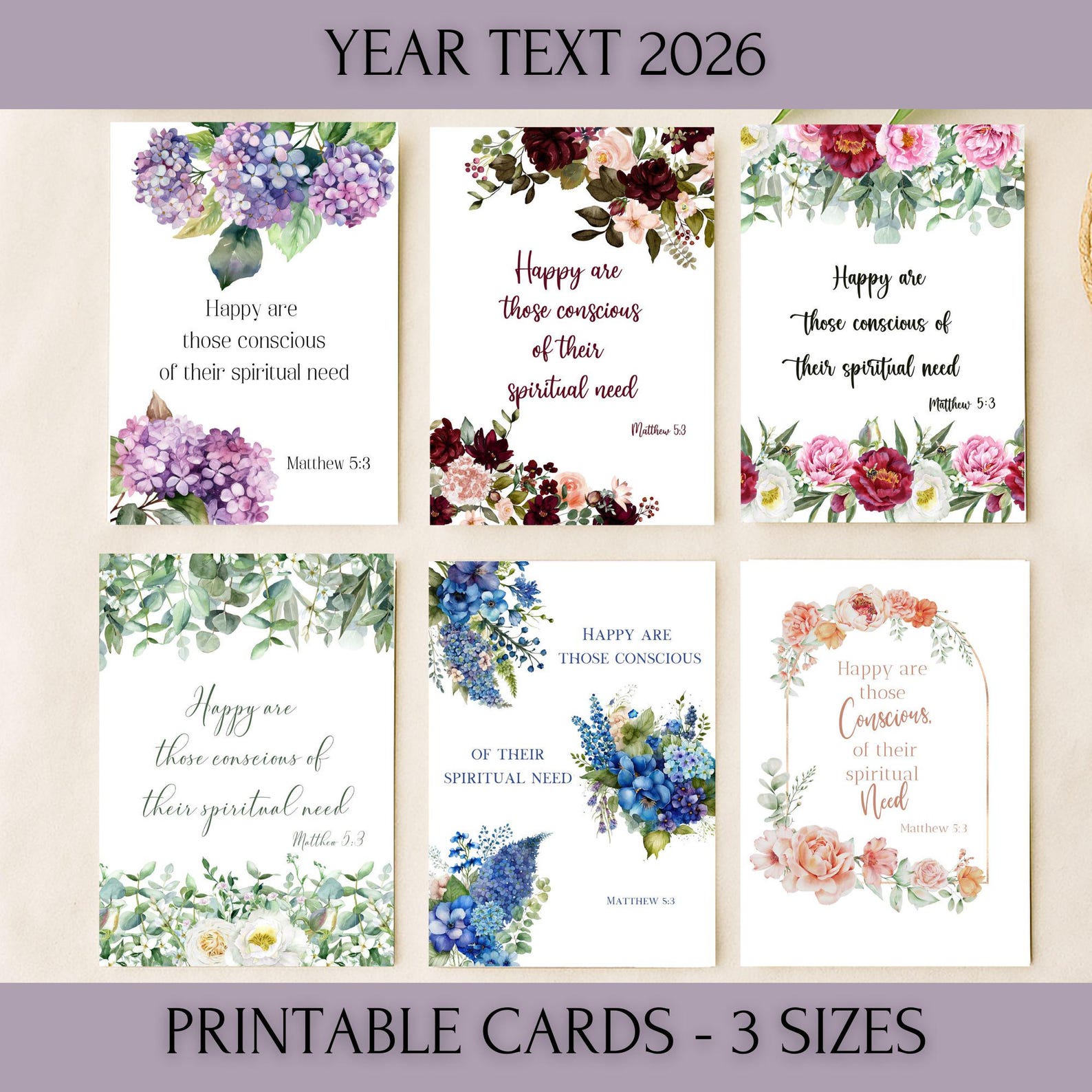 JW Year Text 2026 Printable Cards – Matthew 5:3, Floral Design, 3 Sizes ...