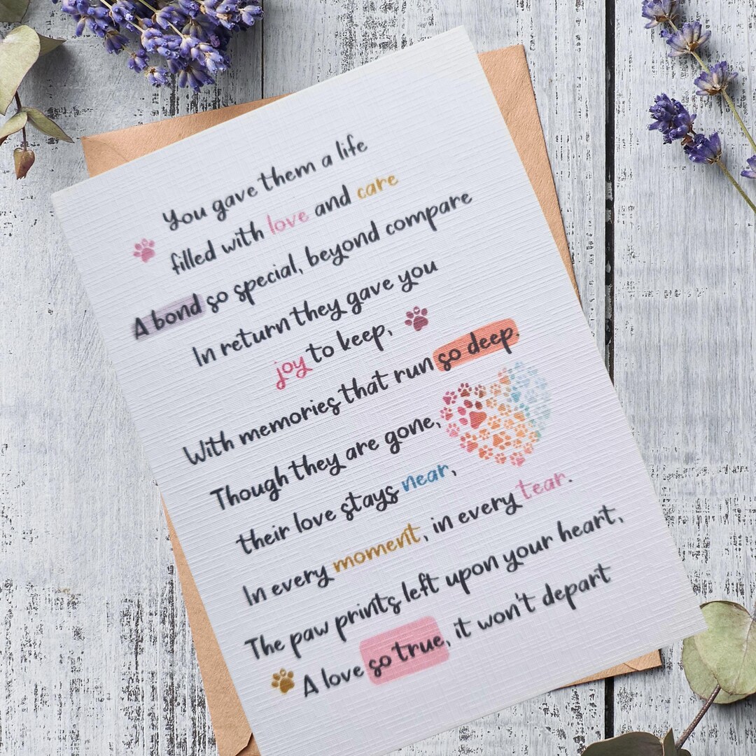 Pet Loss Card With Quote, Dog Bereavement Card With Paw Print, Cat ...