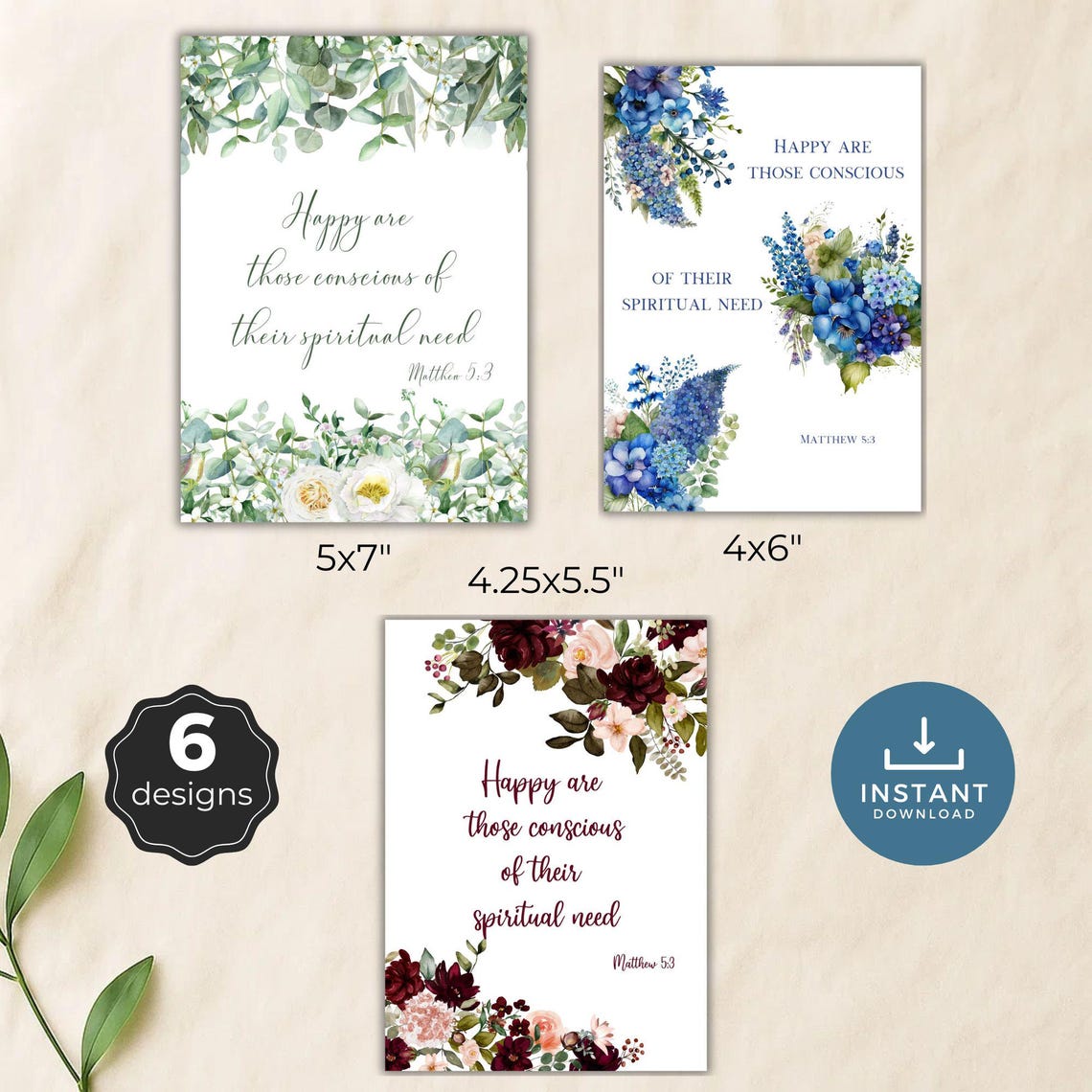 JW Year Text 2026 Printable Cards – Matthew 5:3, Floral Design, 3 Sizes ...