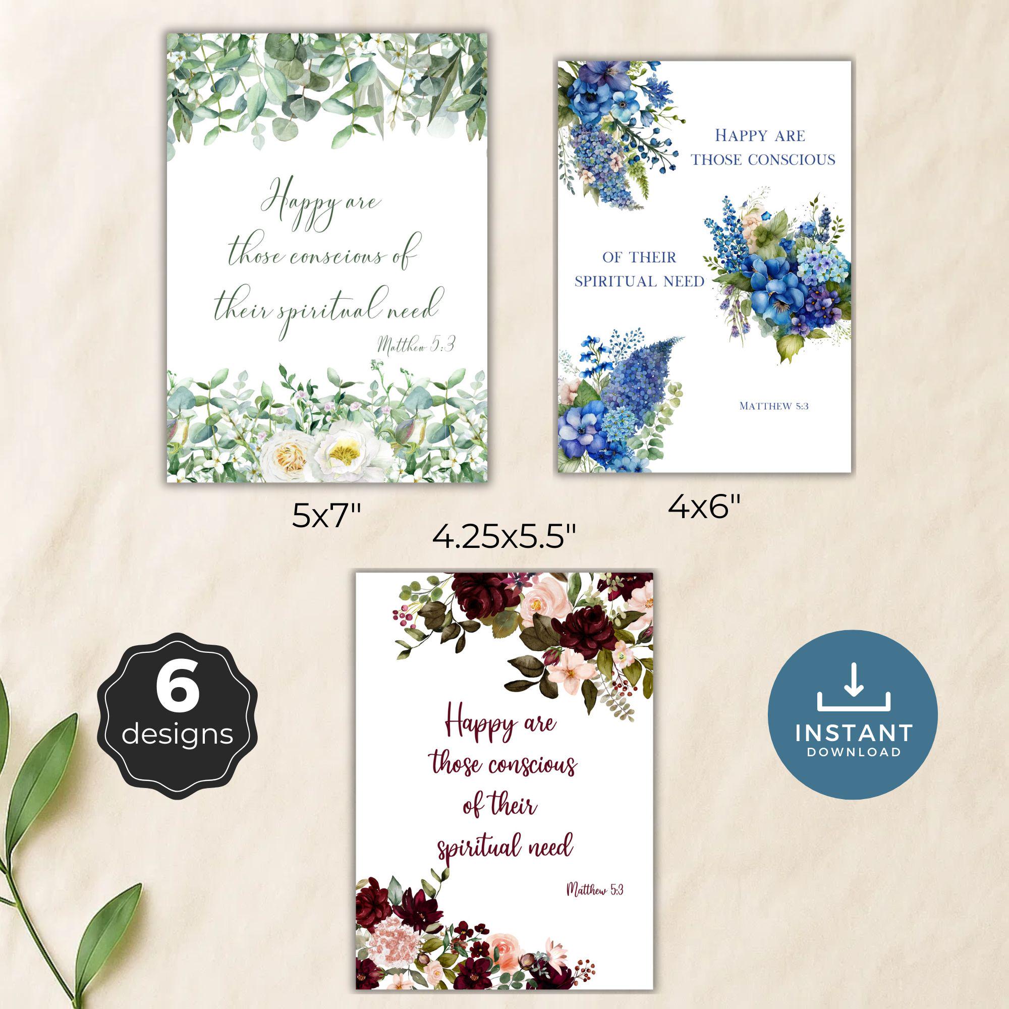 JW Year Text 2026 Printable Cards – Matthew 5:3, Floral Design, 3 Sizes ...