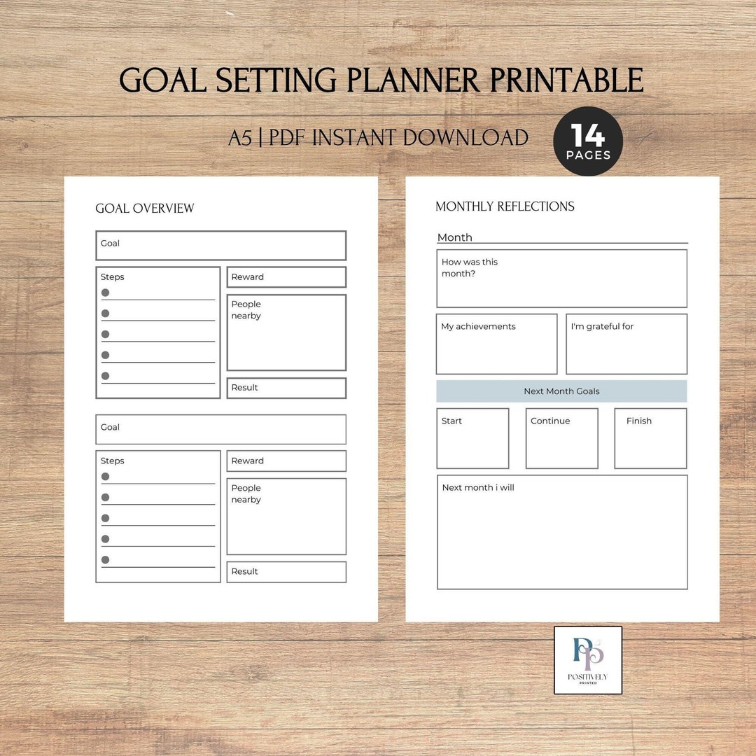 Goal Setting Printable Planner Pages A5 US Half Letter, Yearly Monthly ...