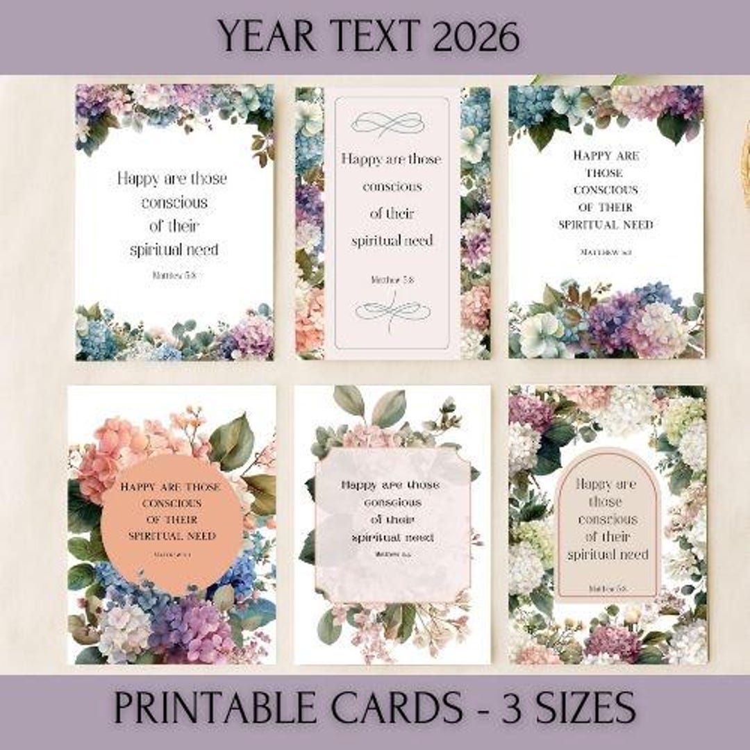 JW Year Text 2026 Printable Cards – Matthew 5:3, Hydrangea Floral ...