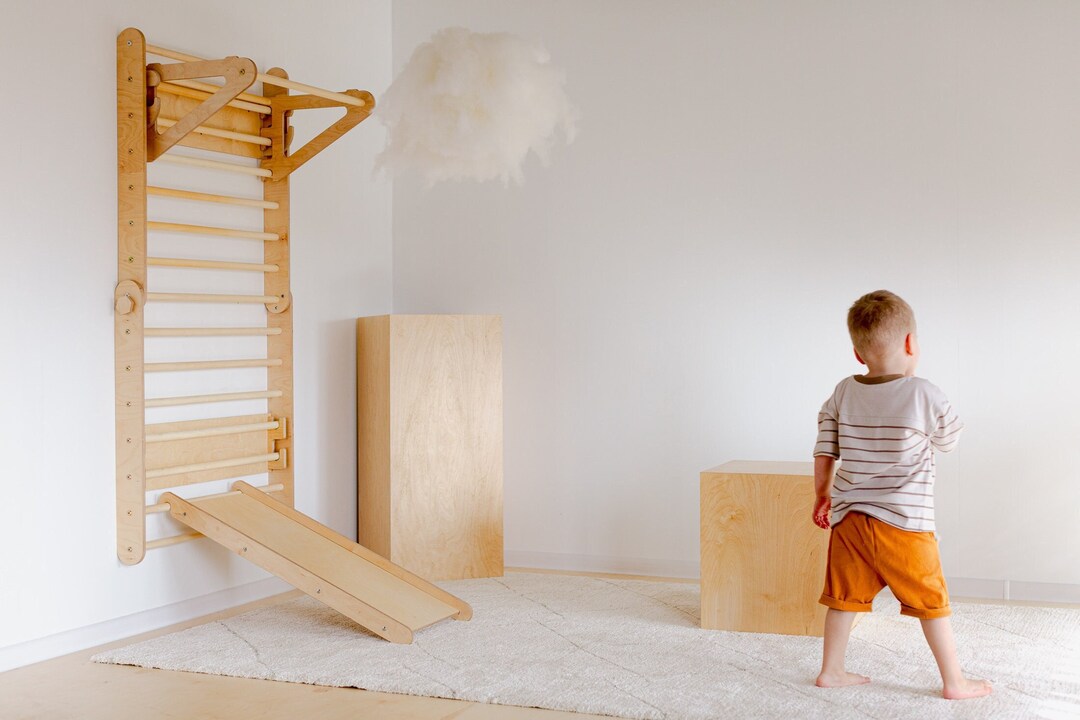 Climbing Triangle Wall Set With Slide, Gymnastic Wall With Pullup Bar ...