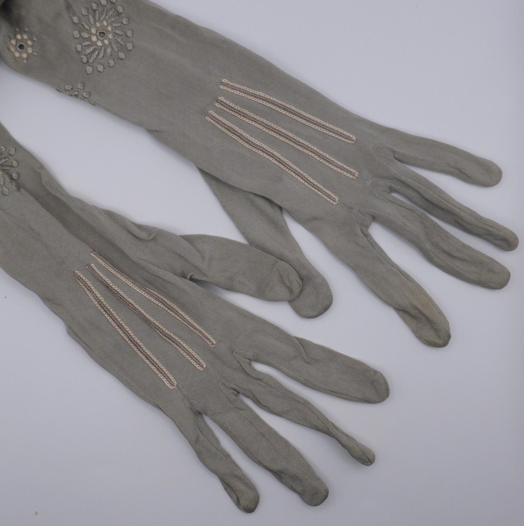Victorian Grey Embroidered Silk Opera Gloves Antique 19 Long Gloves ...