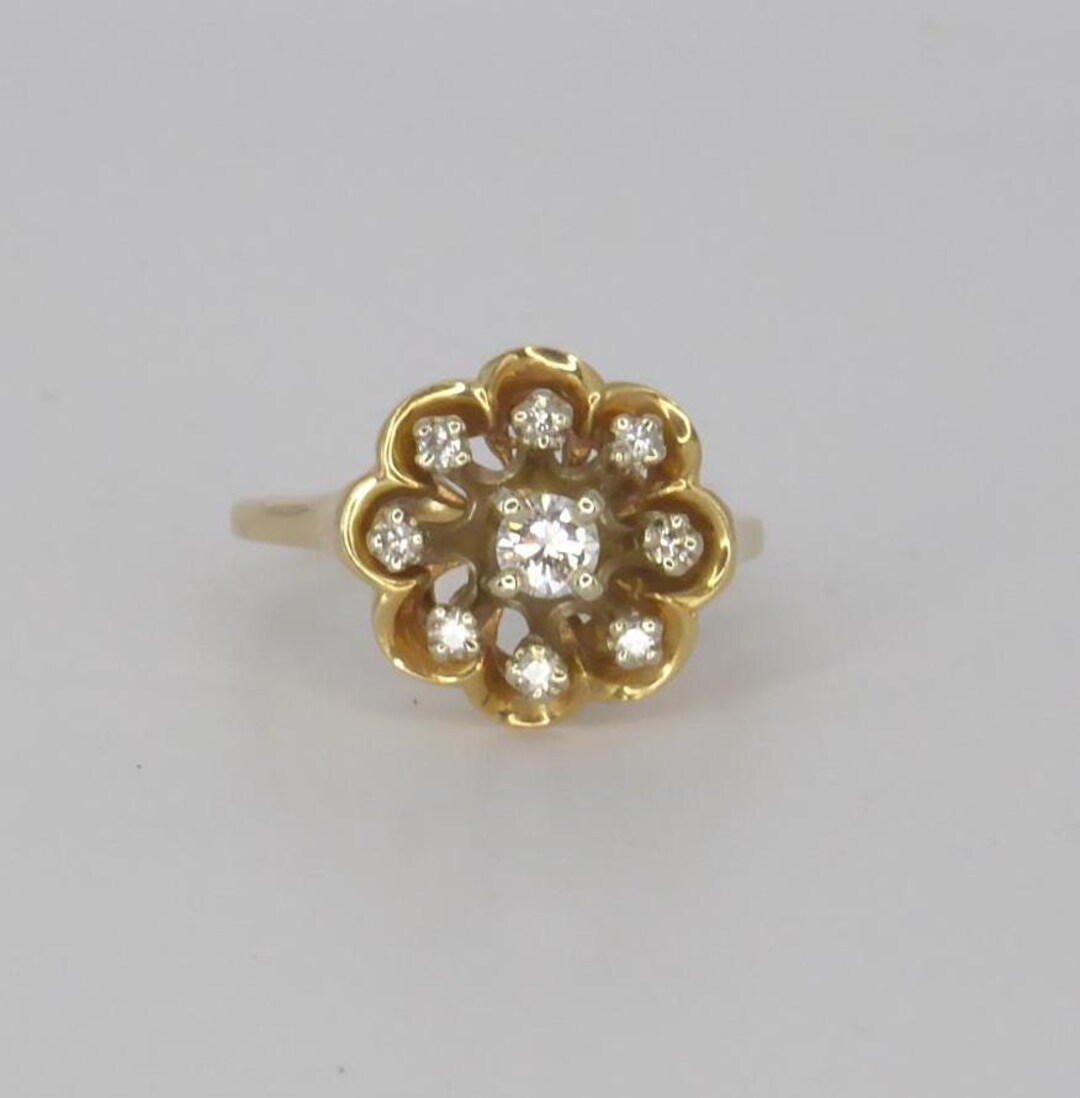 Vintage Diamond 14 K Solid Gold Dinner Ring 9 Diamond Cluster - Etsy