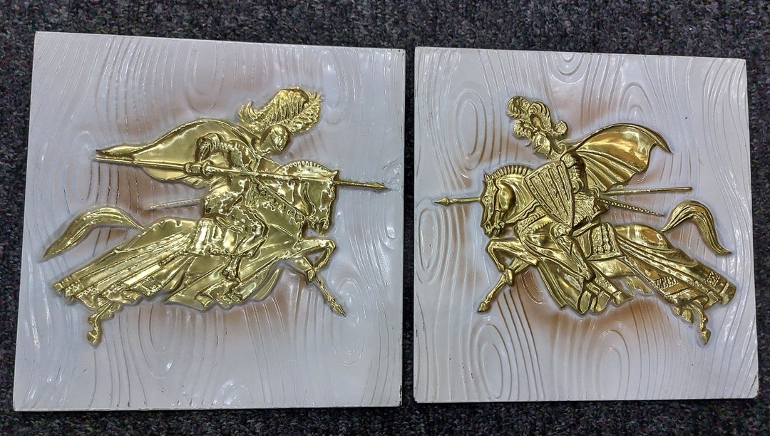 Vintage Hammered Brass Knight on Horse Wall Plaques - Mid Century Decor ...
