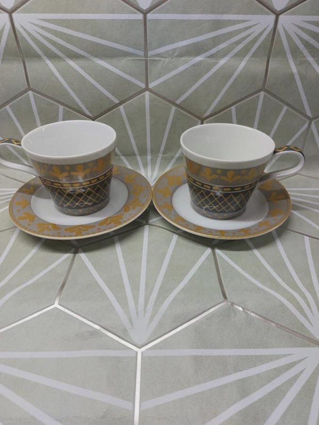 Patra Madras Pattern Cup and Saucer, Niche Gift, Blue & Gold Decorative ...
