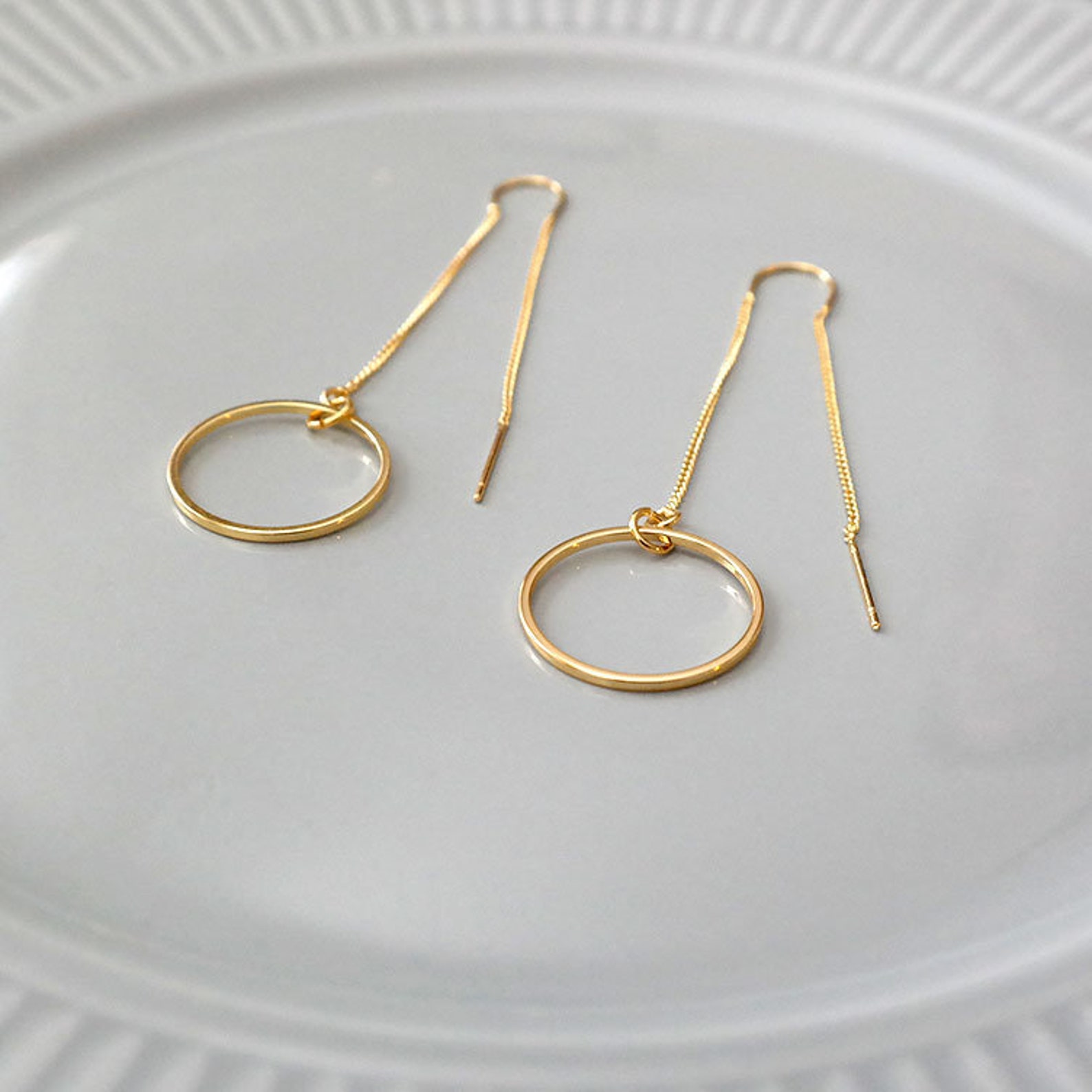 Gold Circle Ear Threader Earrings Long Threader Earrings | Etsy