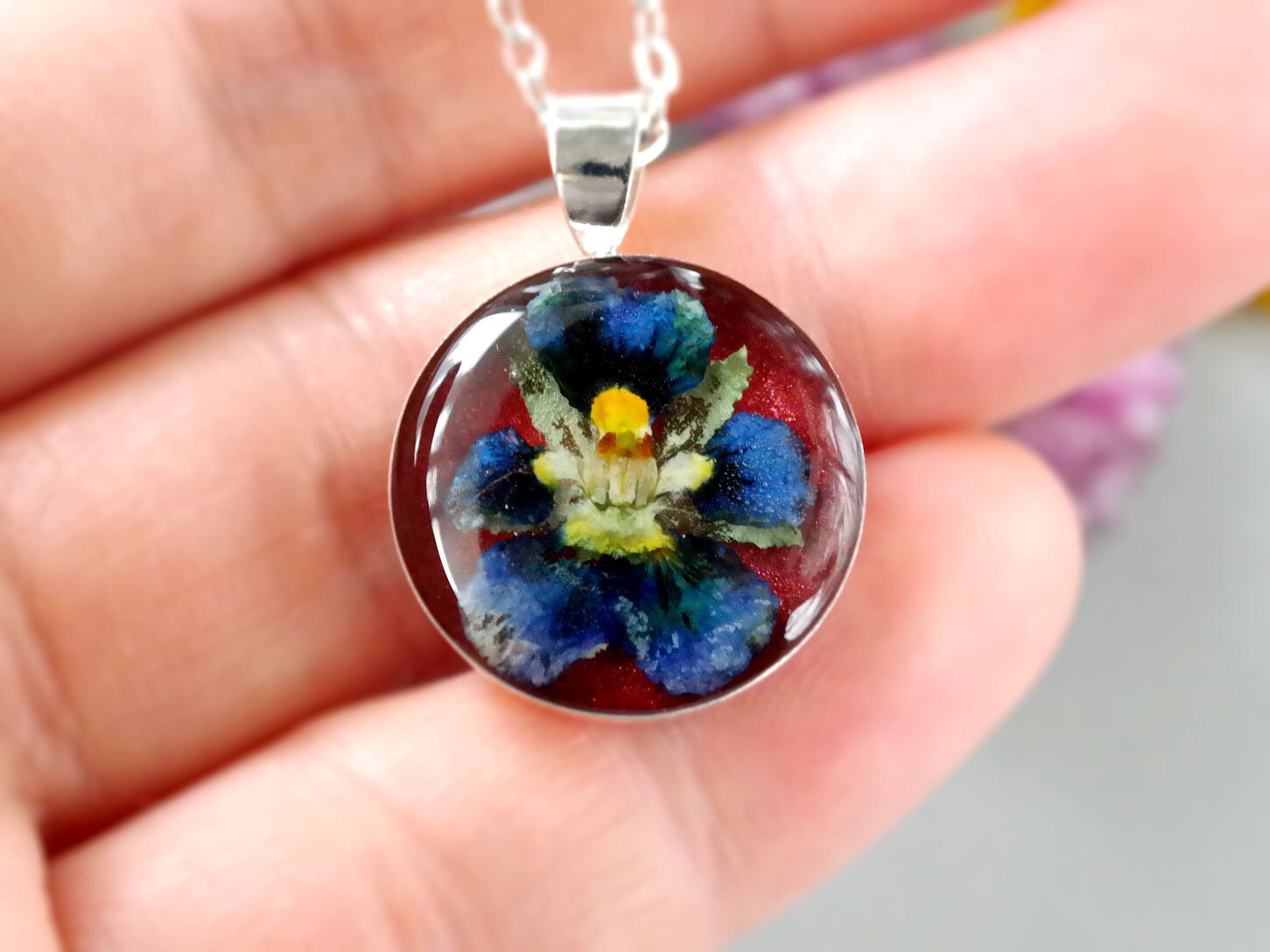 Resin necklace Pressed flowerReal flower necklacee Timeless | Etsy