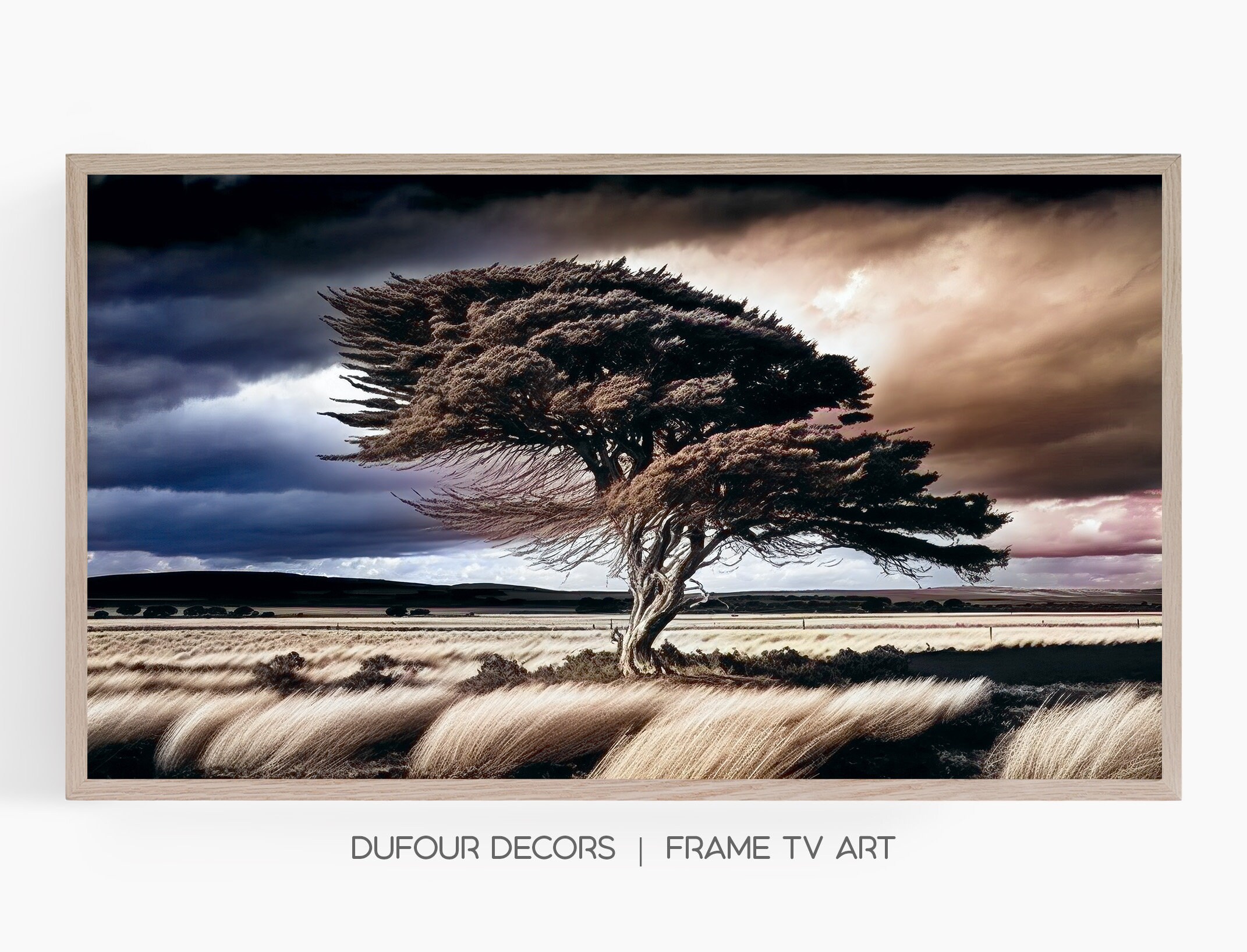 Wind Swept Tree and Clouds Landscape, Samsung Frame TV Art, Colorized ...