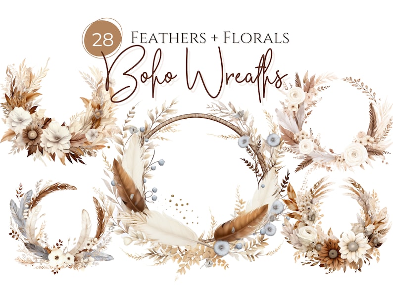 Boho Floral Wreath Clipart | Boho Floral Wreath, Feather Clipart ...