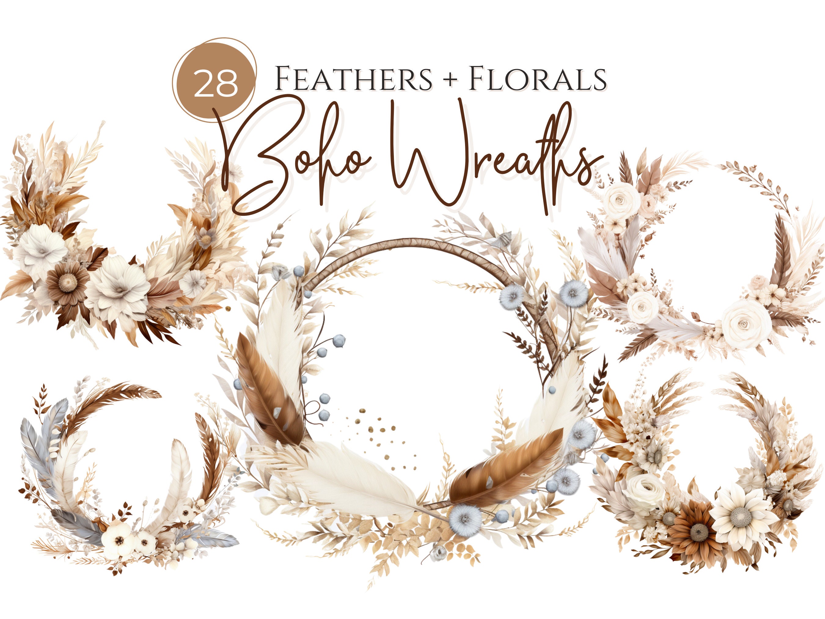 Boho Floral Wreath Clipart | Boho Floral Wreath, Feather Clipart ...