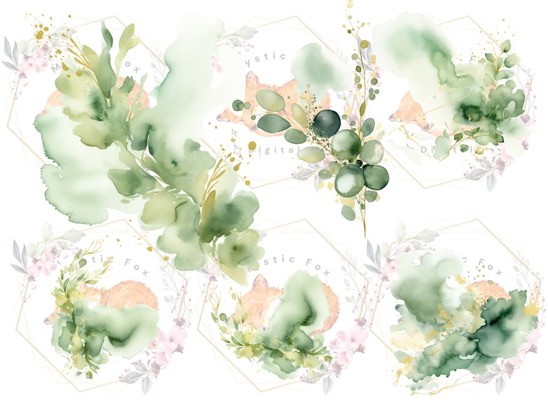 Watercolor Greenery, Sage Green + Gold Eucalyptus Clipart, Flowering ...