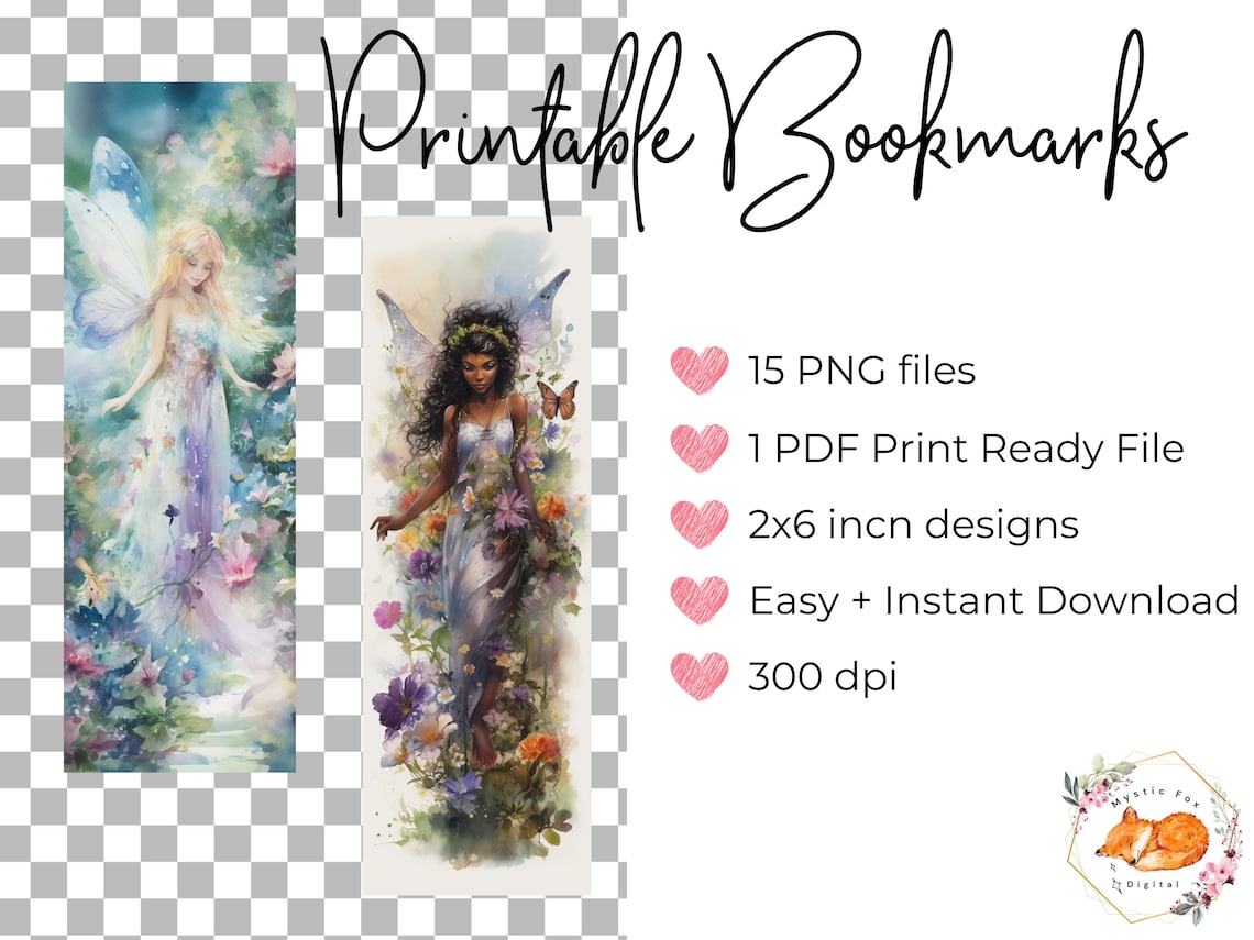 Watercolor Fairy Bookmarks, Printable Bookmarks, 15 Fairy Bookmarks ...