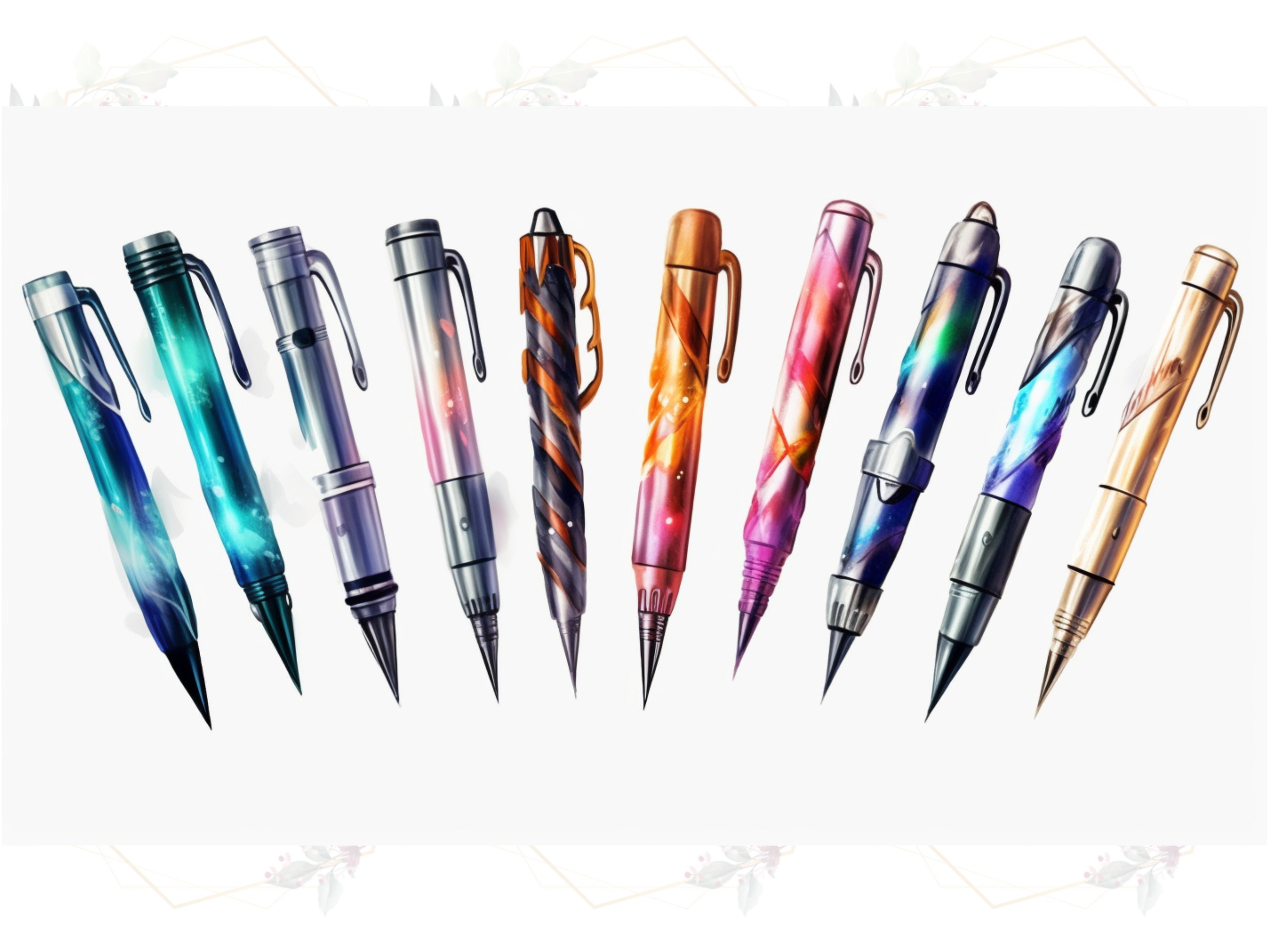 Pen Clip Art, Watercolor Pens Clipart, 30 Image Bundle, Colorful Pen ...