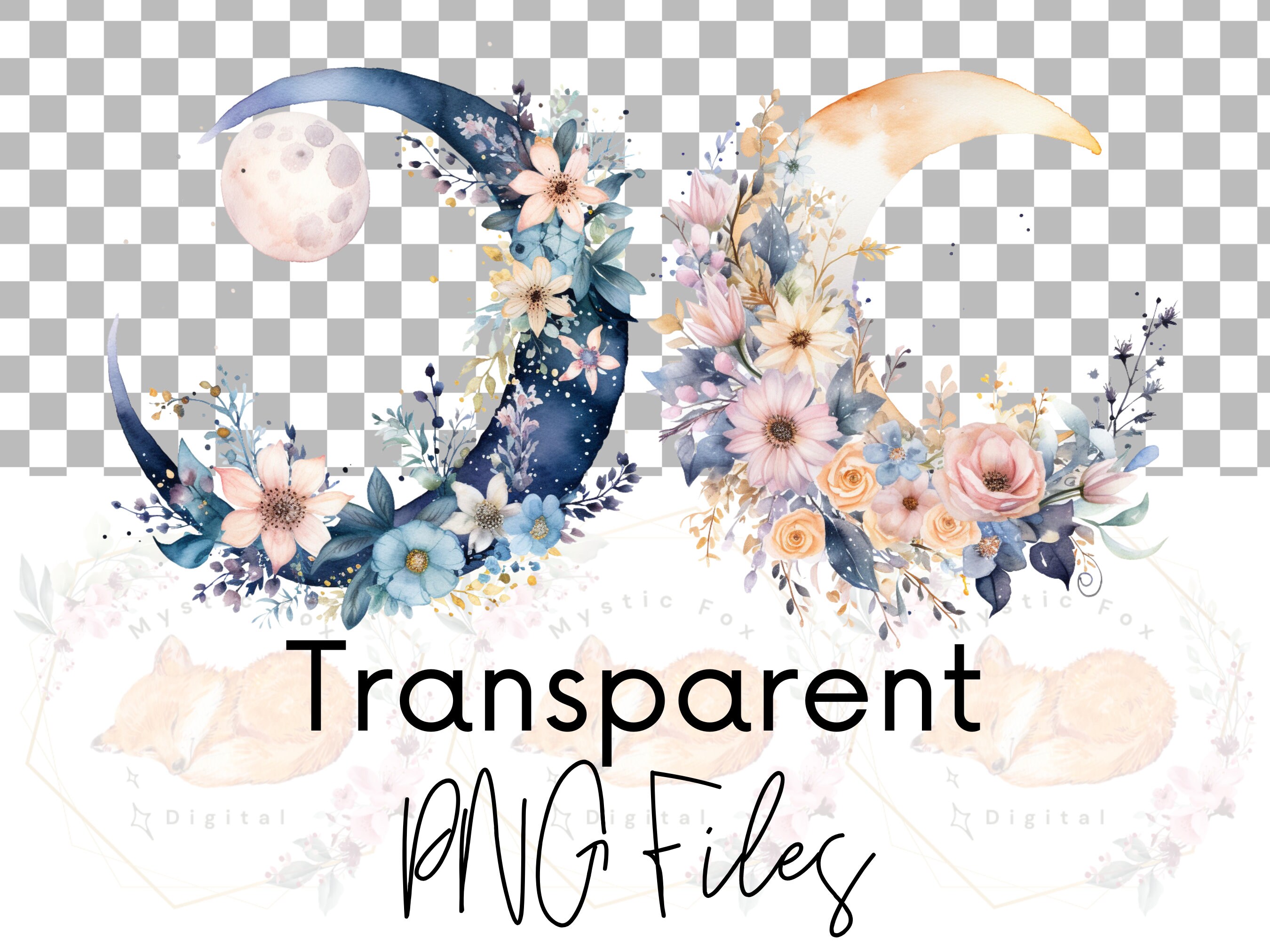 Watercolor Floral Moon Clipart, Florals and Celestial Moons Clipart, 20 ...