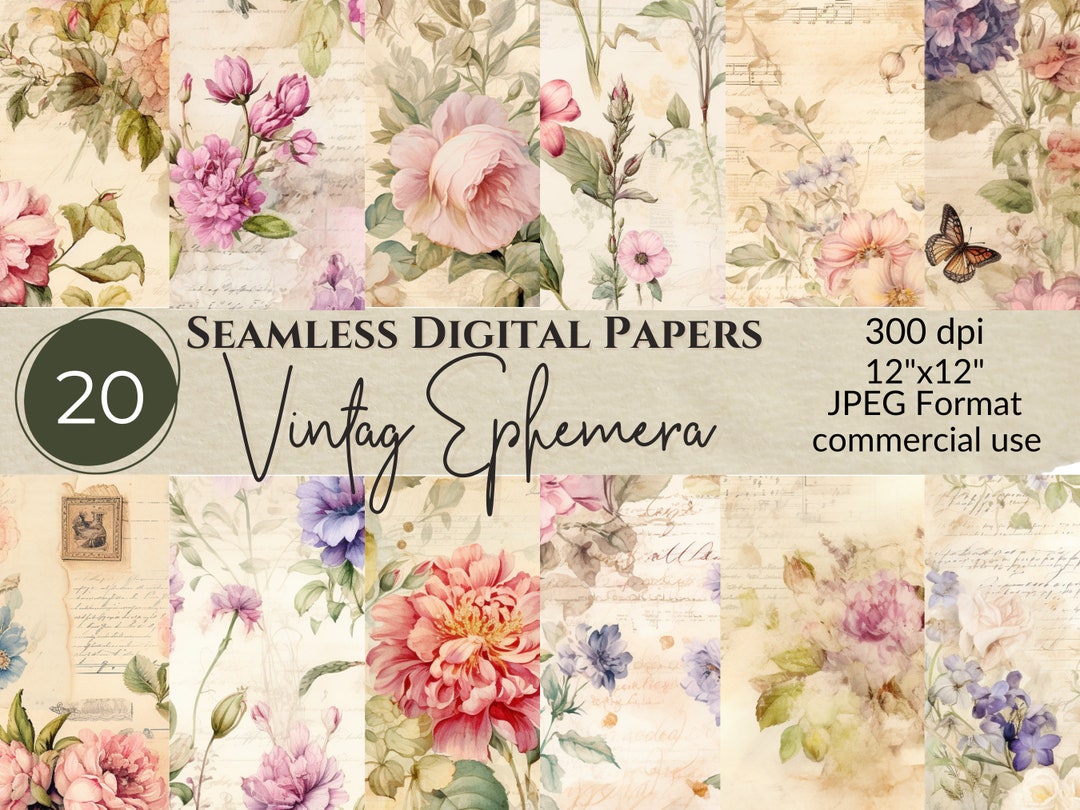 Vintage Ephemera Digital Paper | Floral Digitals, Scrapbook Ephemera ...