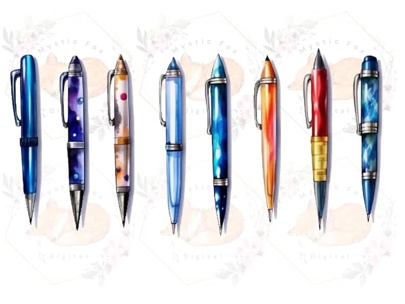 Pen Clip Art, Watercolor Pens Clipart, 30 Image Bundle, Colorful Pen ...