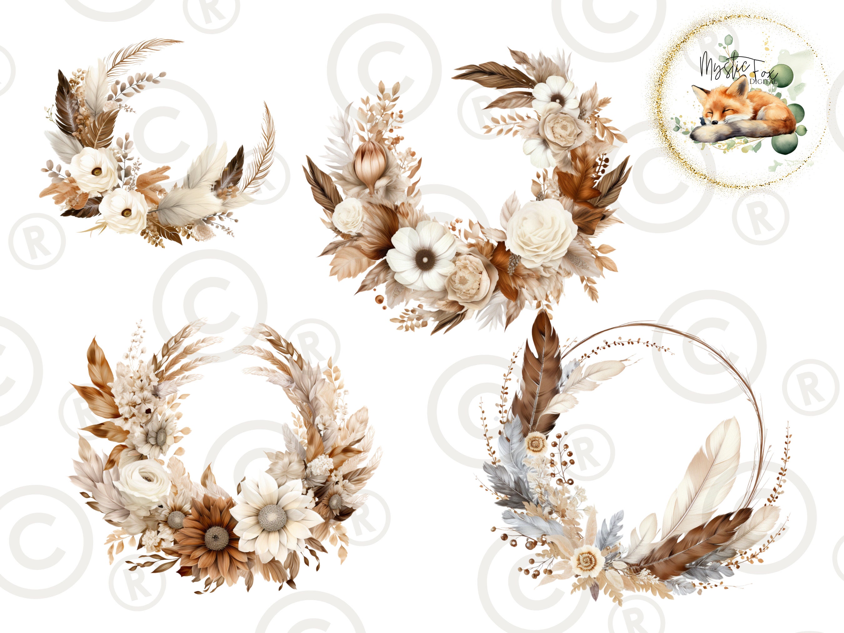 Boho Floral Wreath Clipart | Boho Floral Wreath, Feather Clipart ...