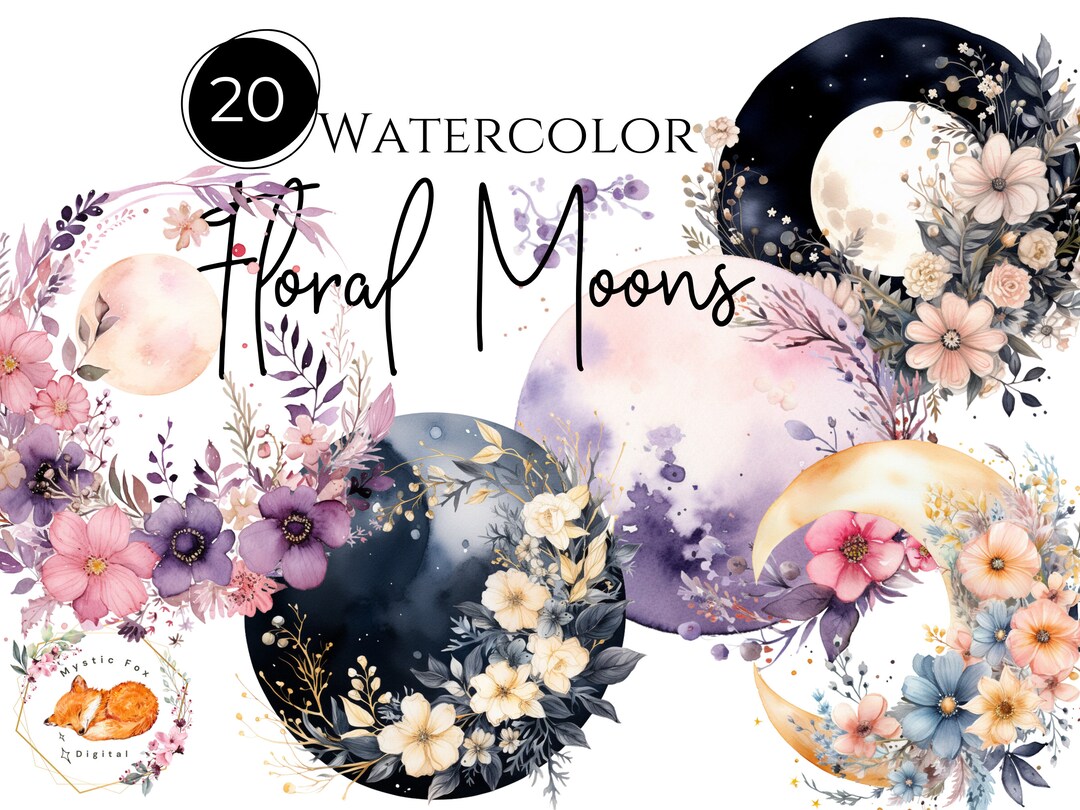 Watercolor Floral Moon Clipart, Florals and Celestial Moons Clipart, 20 ...