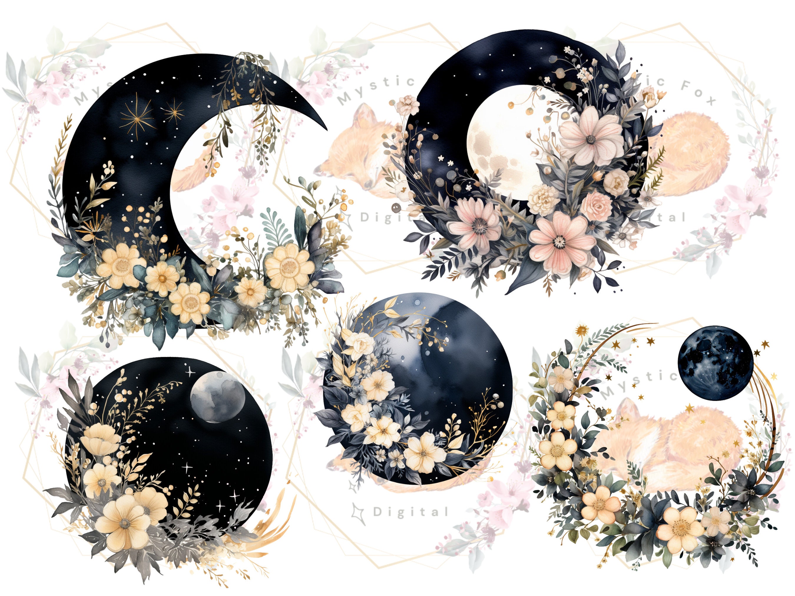 Watercolor Floral Moon Clipart, Florals and Celestial Moons Clipart, 20 ...