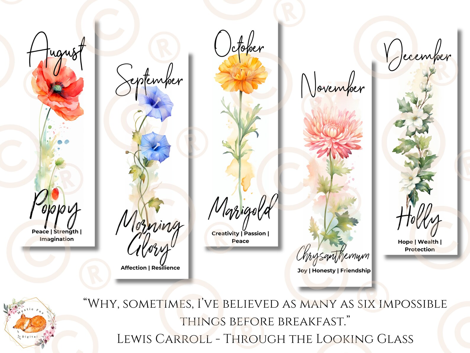 Birthflower Bookmark | Bookmark Printable, 12 Birth Month Flower ...