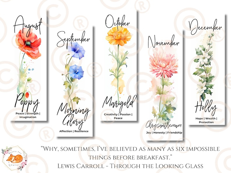 Birthflower Bookmark | Bookmark Printable, 12 Birth Month Flower ...