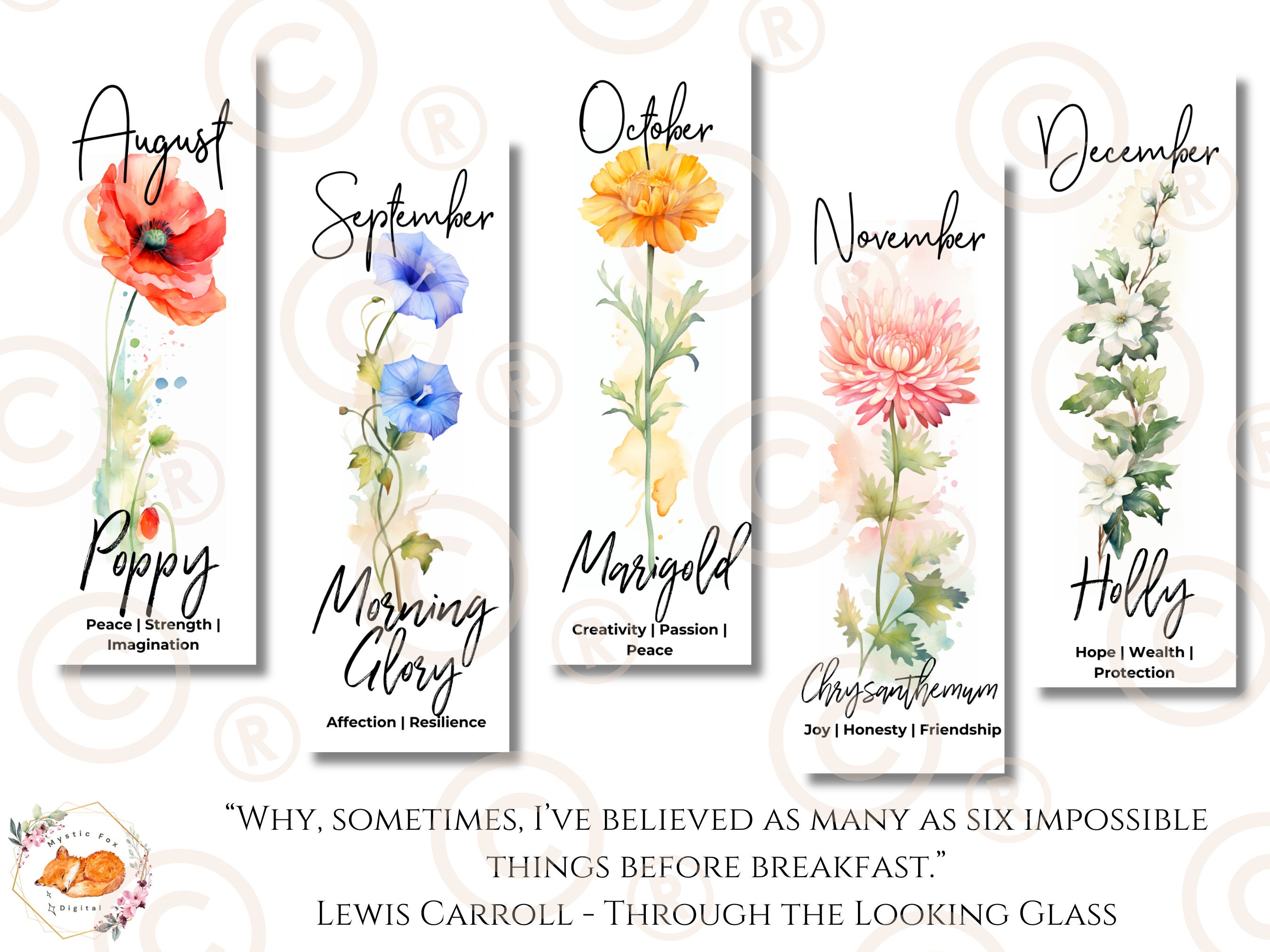 Birthflower Bookmark | Bookmark Printable, 12 Birth Month Flower ...