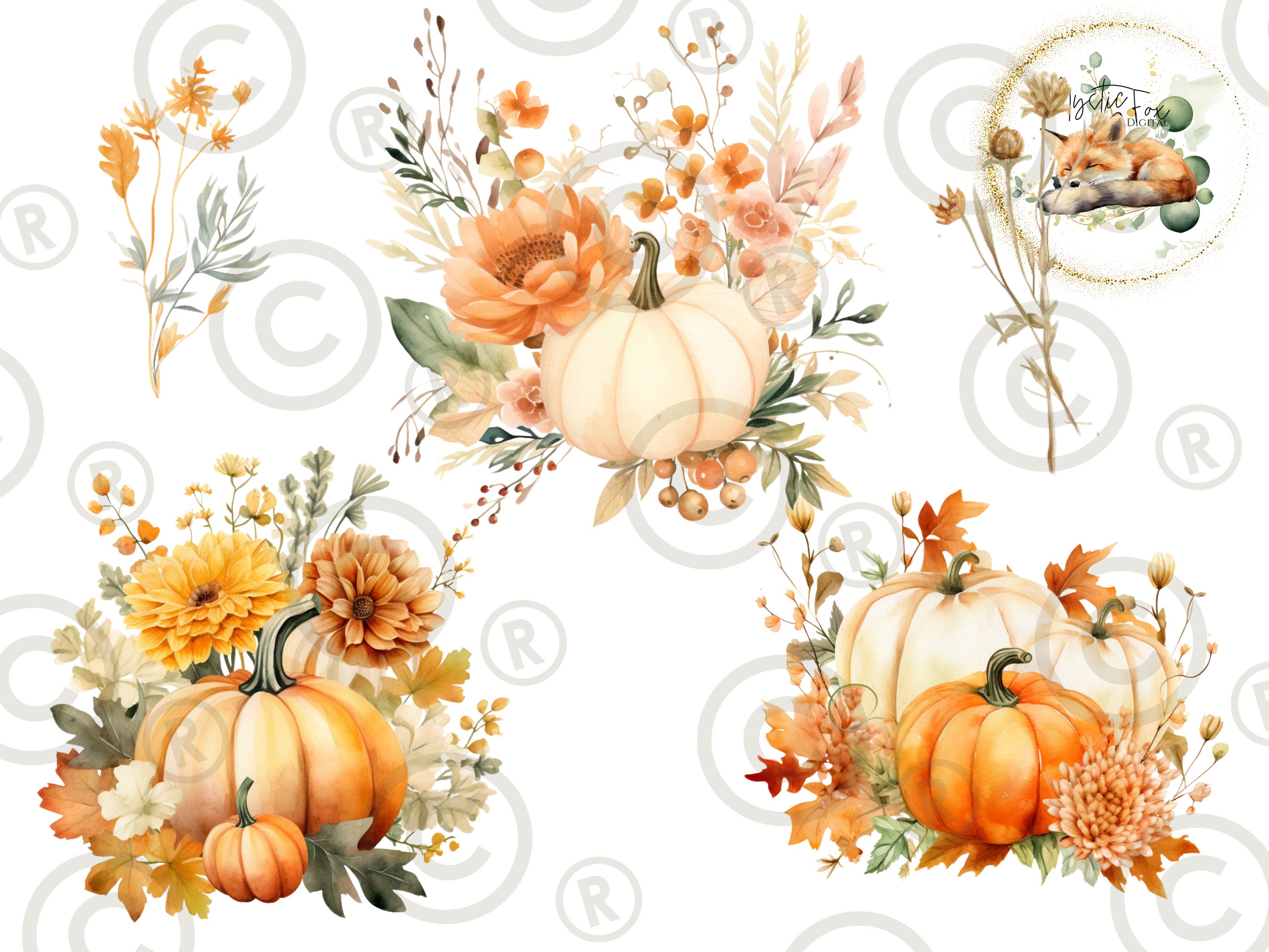 Fall Florals and Pumpkin Clipart 32 Fall Flowers, Watercolor Fall ...
