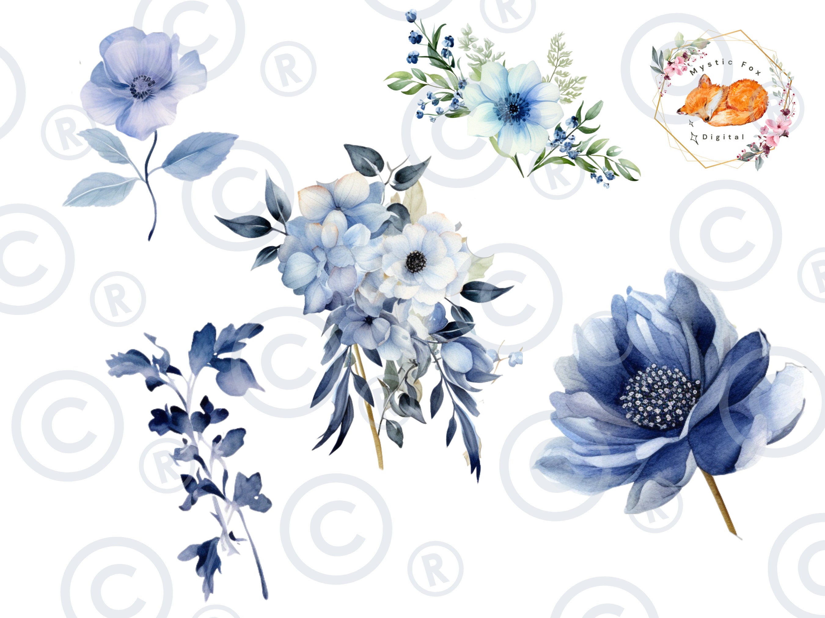 Blue Floral Clipart, Navy and Dusty Blue Flowers, Watercolor Floral ...