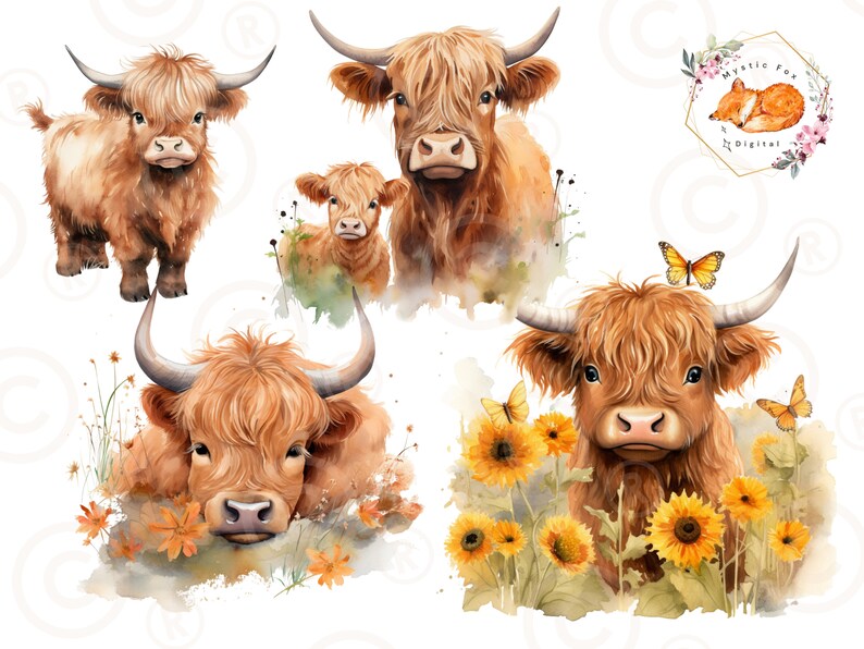 Highland Cow Png, Cow Clipart, Watercolor Highland Cow, Floral Cow ...