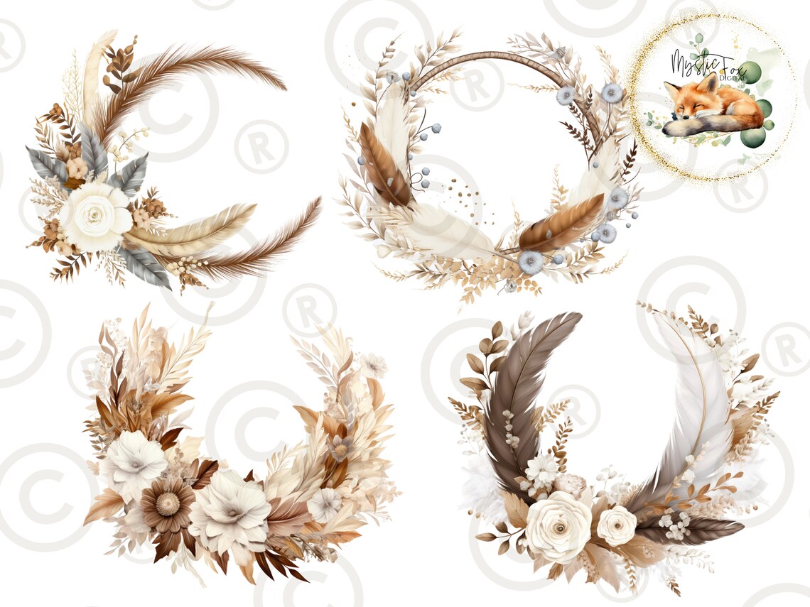 Boho Floral Wreath Clipart | Boho Floral Wreath, Feather Clipart ...