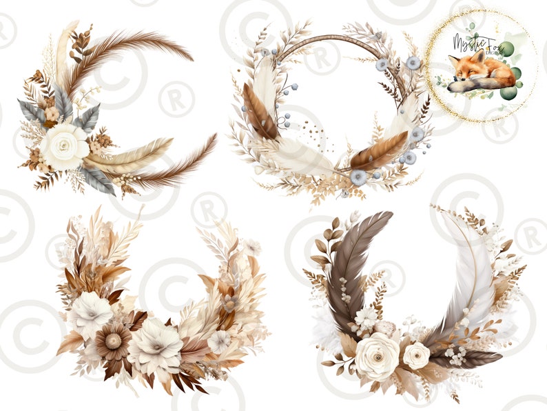 Boho Floral Wreath Clipart | Boho Floral Wreath, Feather Clipart ...