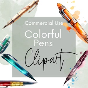 Pen Clip Art, Watercolor Pens Clipart, 30 Image Bundle, Colorful Pen ...