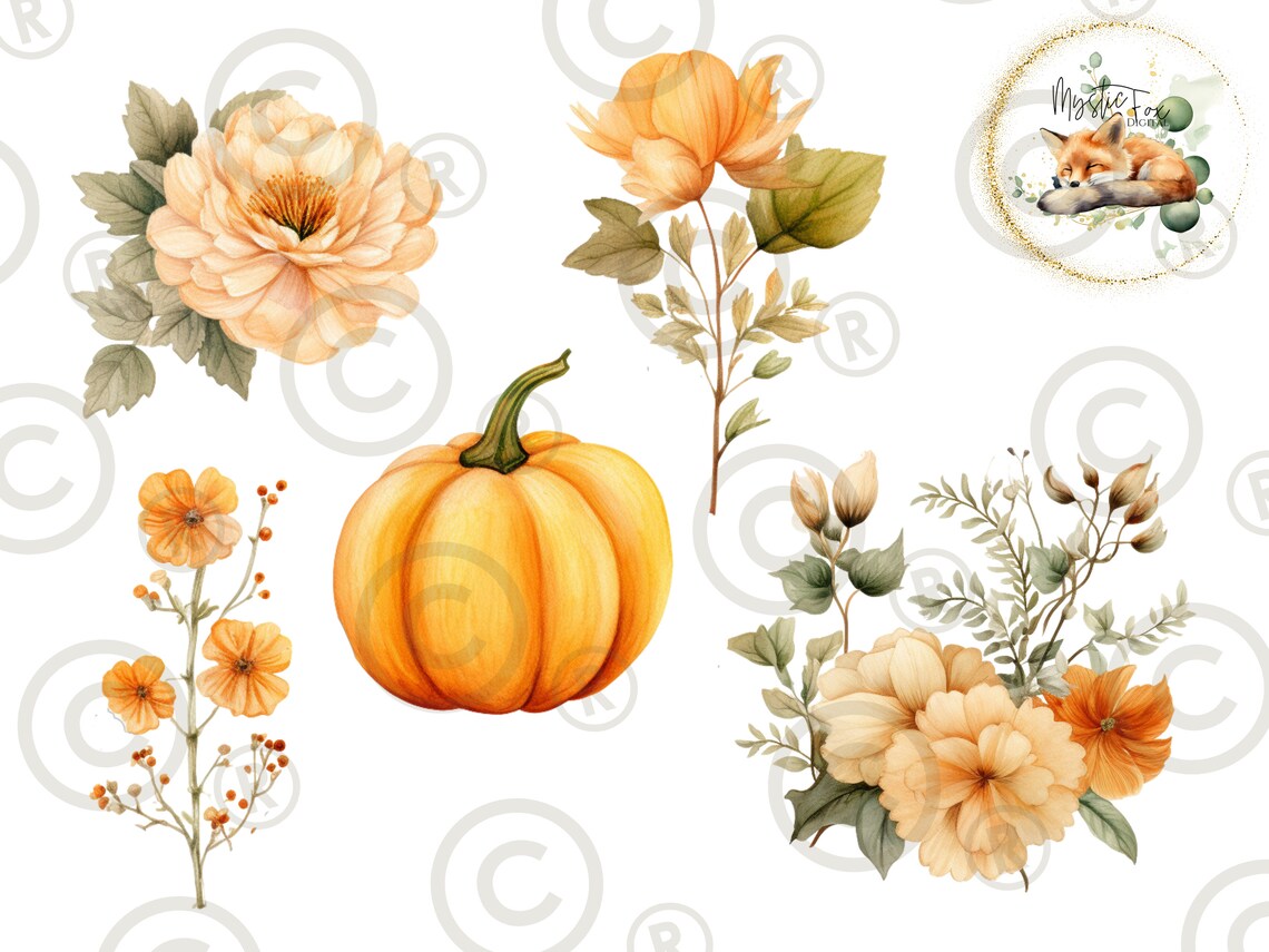 Fall Florals and Pumpkin Clipart 32 Fall Flowers, Watercolor Fall ...