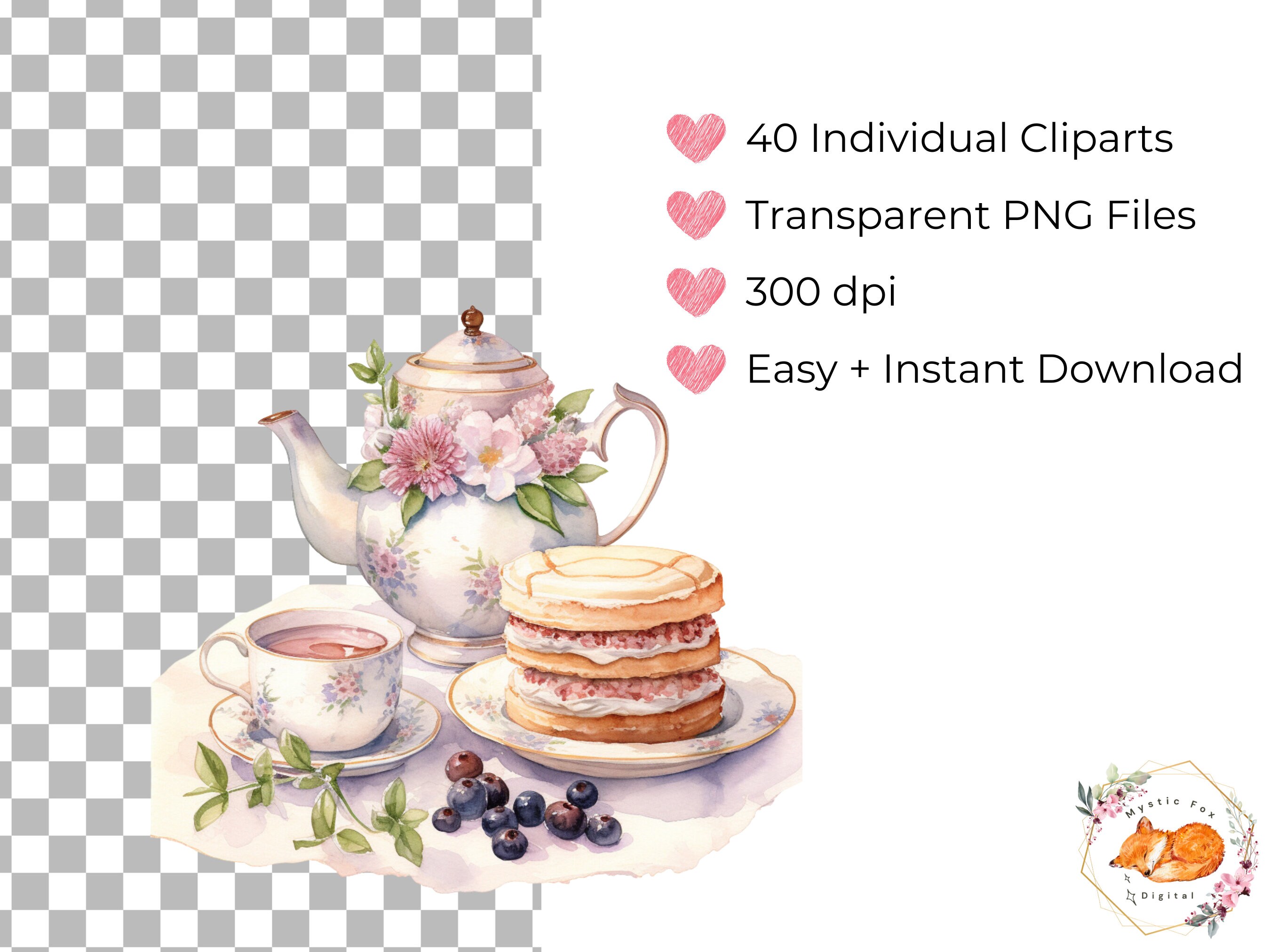 Tea Clipart | Watercolor Teacup Clipart, 40 Transparent Pngs ...