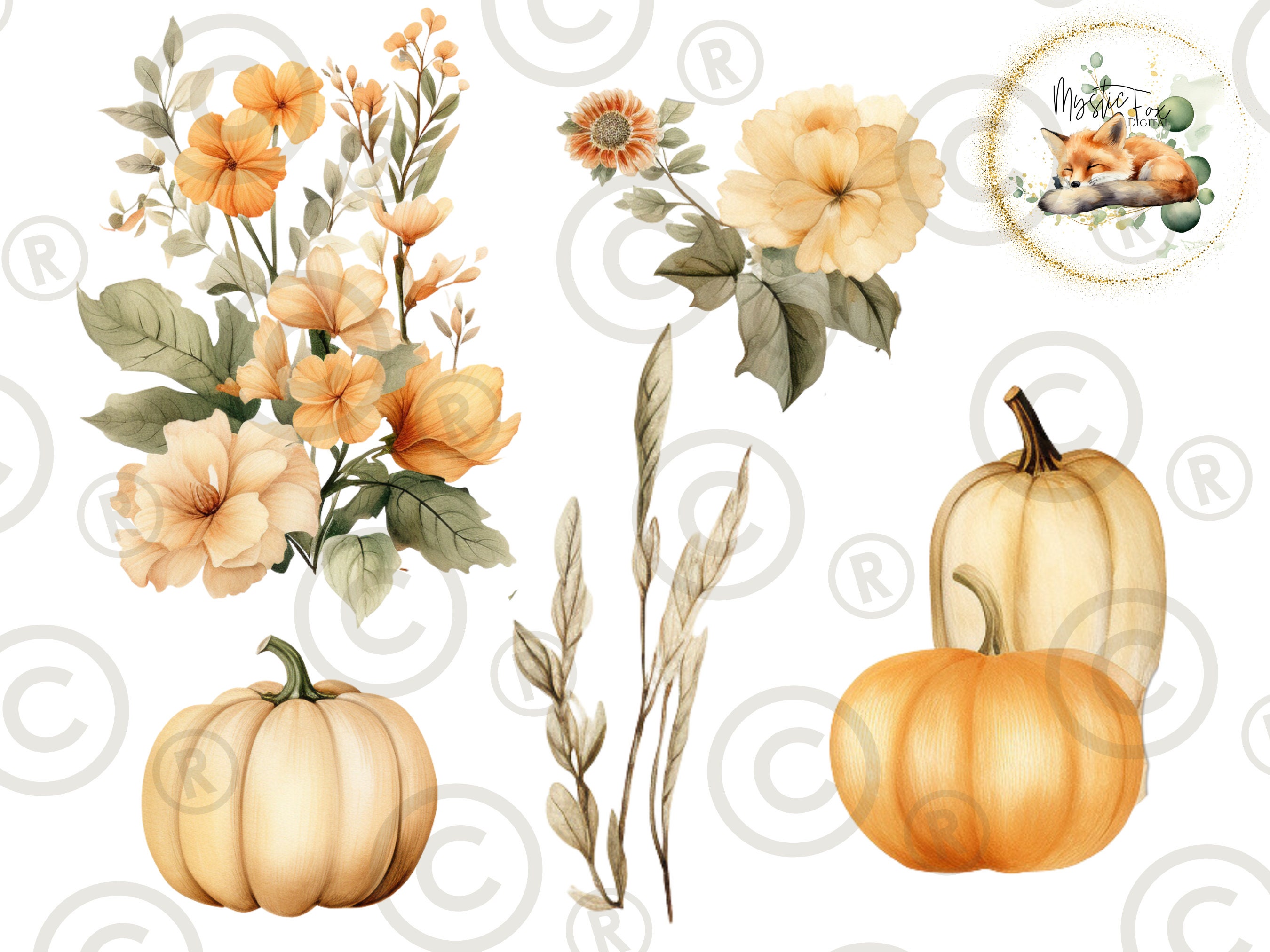 Fall Florals and Pumpkin Clipart 32 Fall Flowers, Watercolor Fall ...