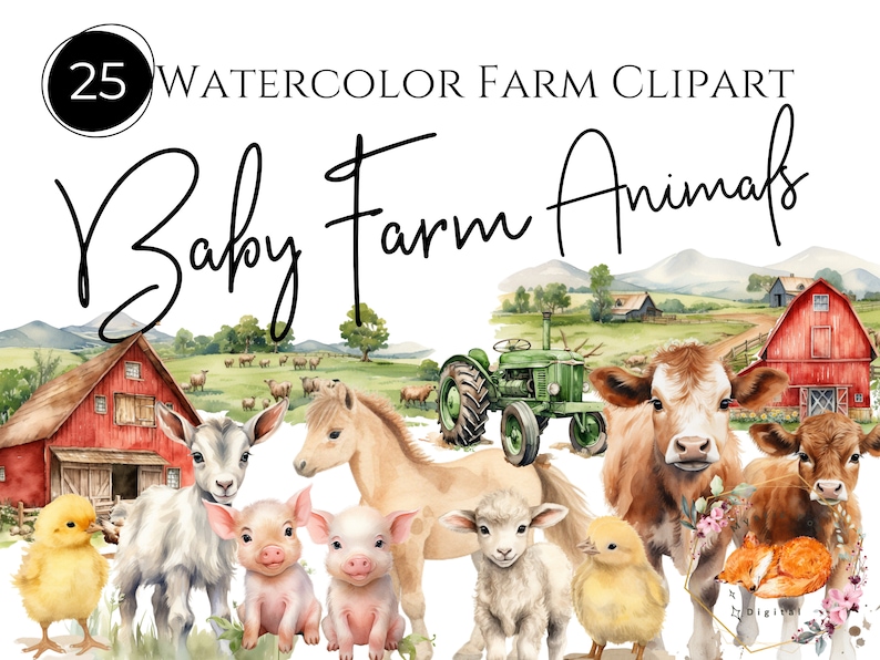 Watercolor Baby Farm Animals Clipart, Farm Scene Clipart, Cute Farm ...