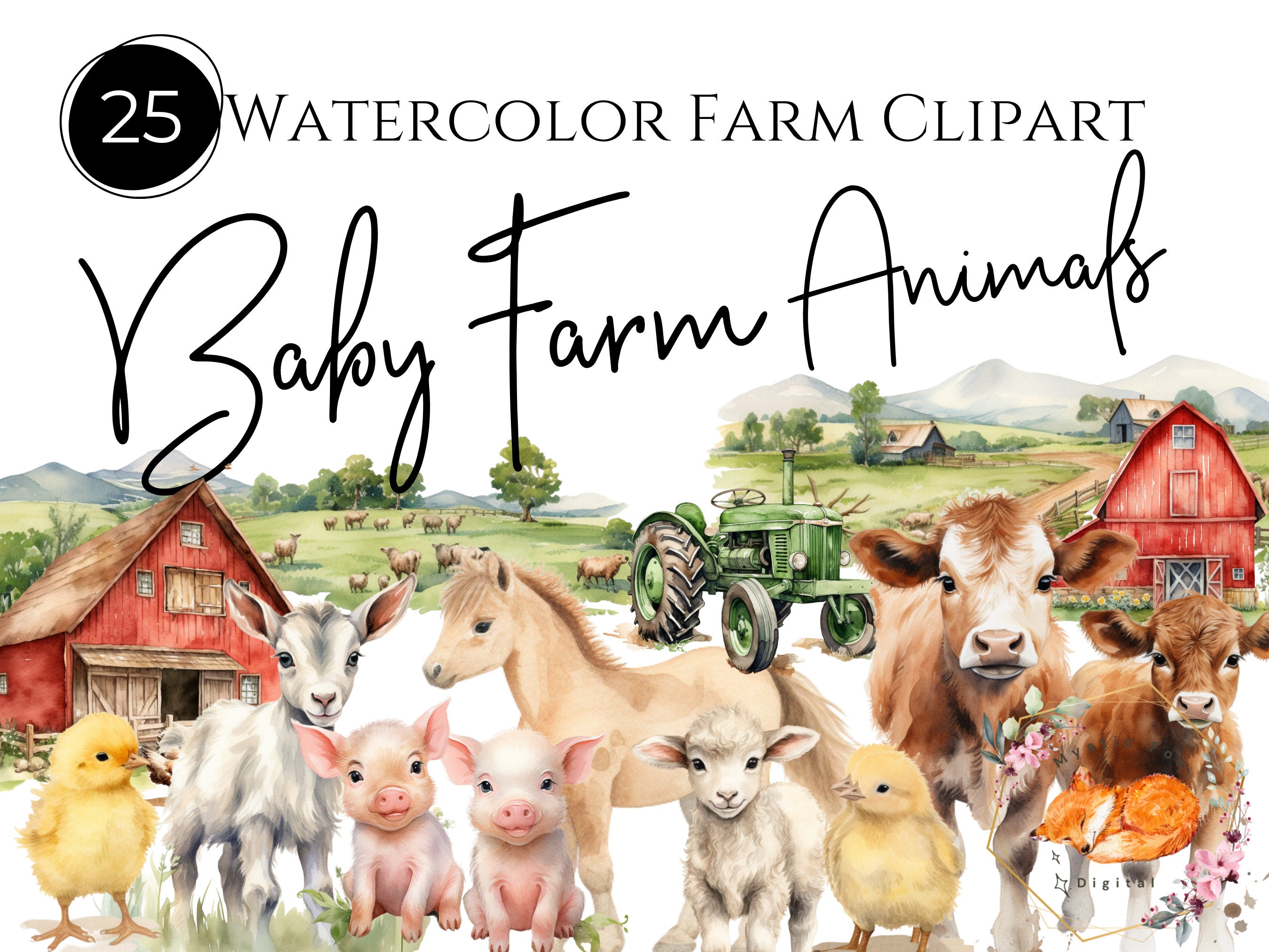 Watercolor Baby Farm Animals Clipart, Farm Scene Clipart, Cute Farm ...
