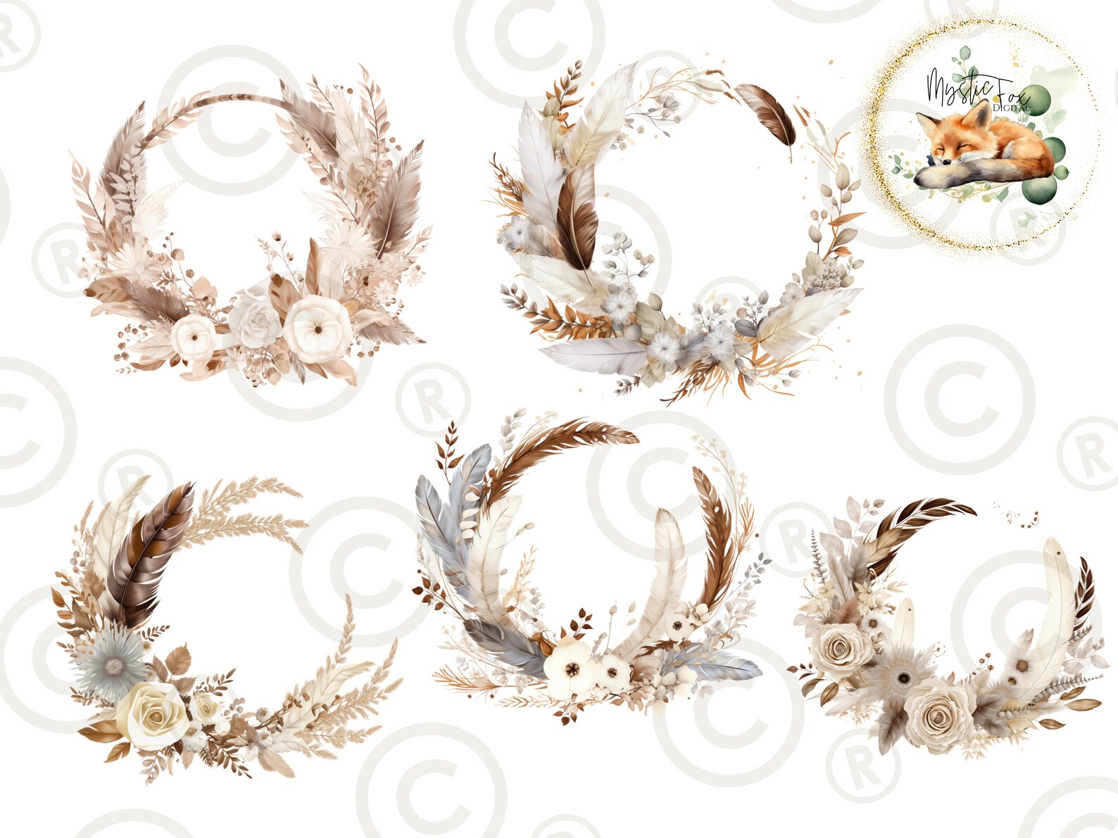 Boho Floral Wreath Clipart | Boho Floral Wreath, Feather Clipart ...