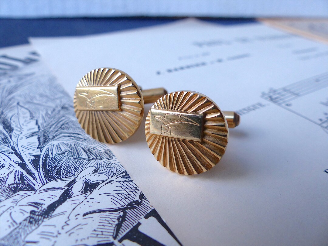 Antique Gold-colored Cufflinks With a Bird Fan From the 50s, Wedding ...