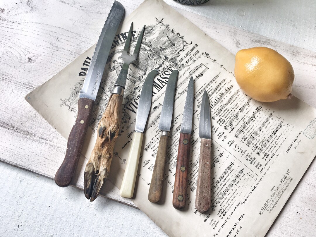 6 Ancient Knives/fork Rustic Wooden Handles Kitchen Utensils Shabby ...