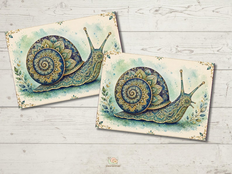 Snail Postcard Mandala Art – Elegant Snail in Blue and Gold – Fantasy ...