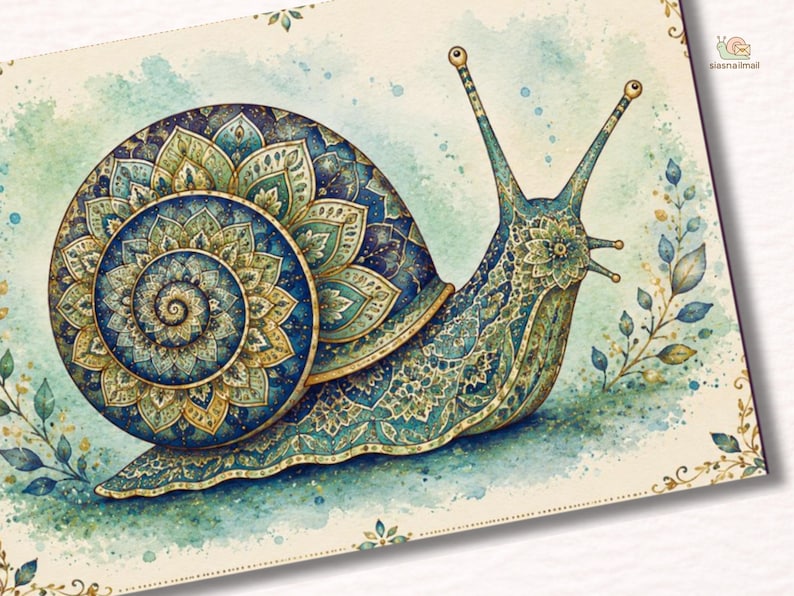 Snail Postcard Mandala Art – Elegant Snail in Blue and Gold – Fantasy ...