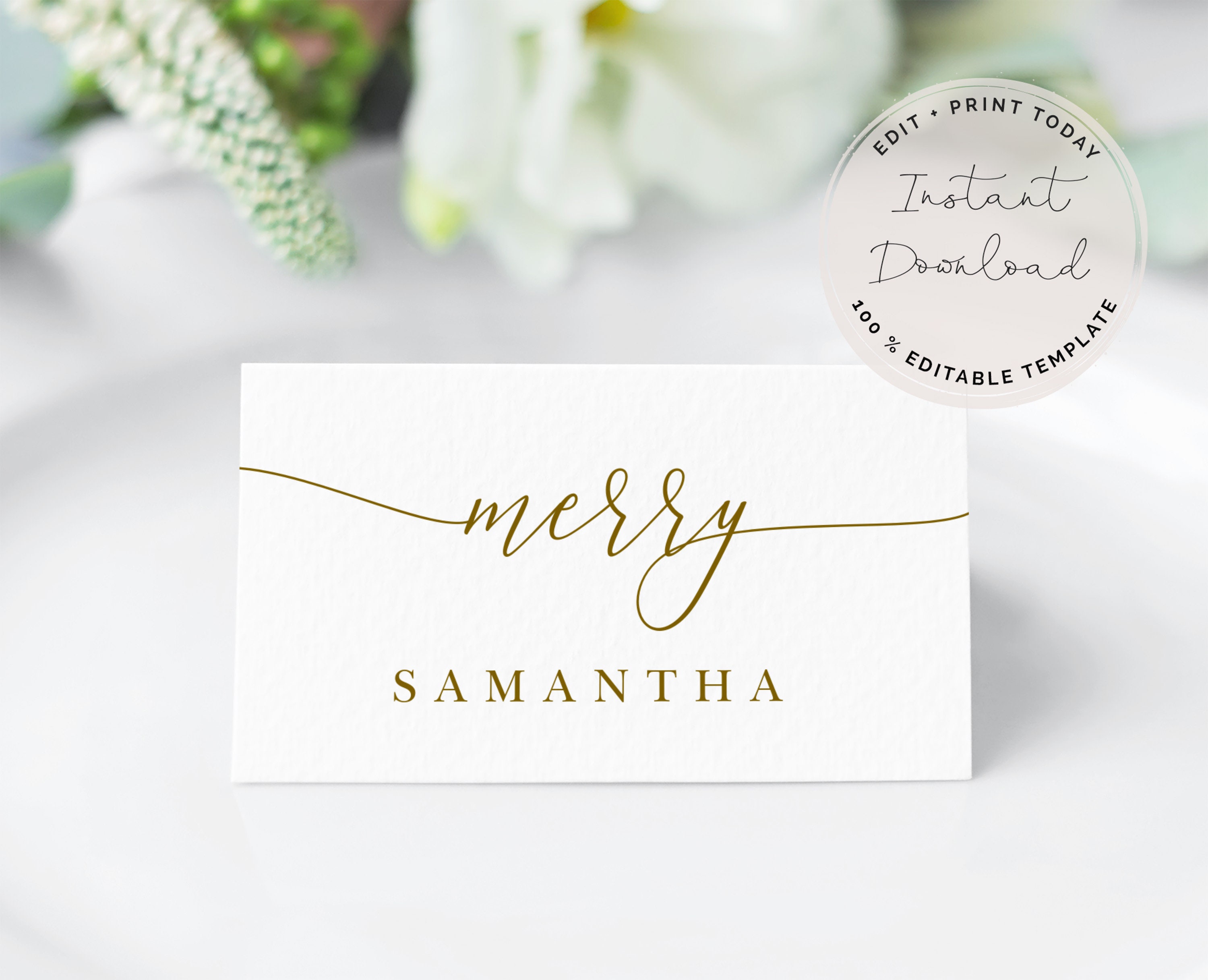 Merry Friendsmas Place Card Template, Modern Christmas Placecard Gold ...