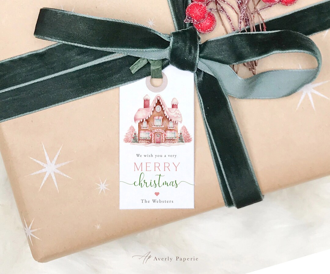 Gingerbread House Christmas Gift Tag Template, Pink Gingerbread House ...
