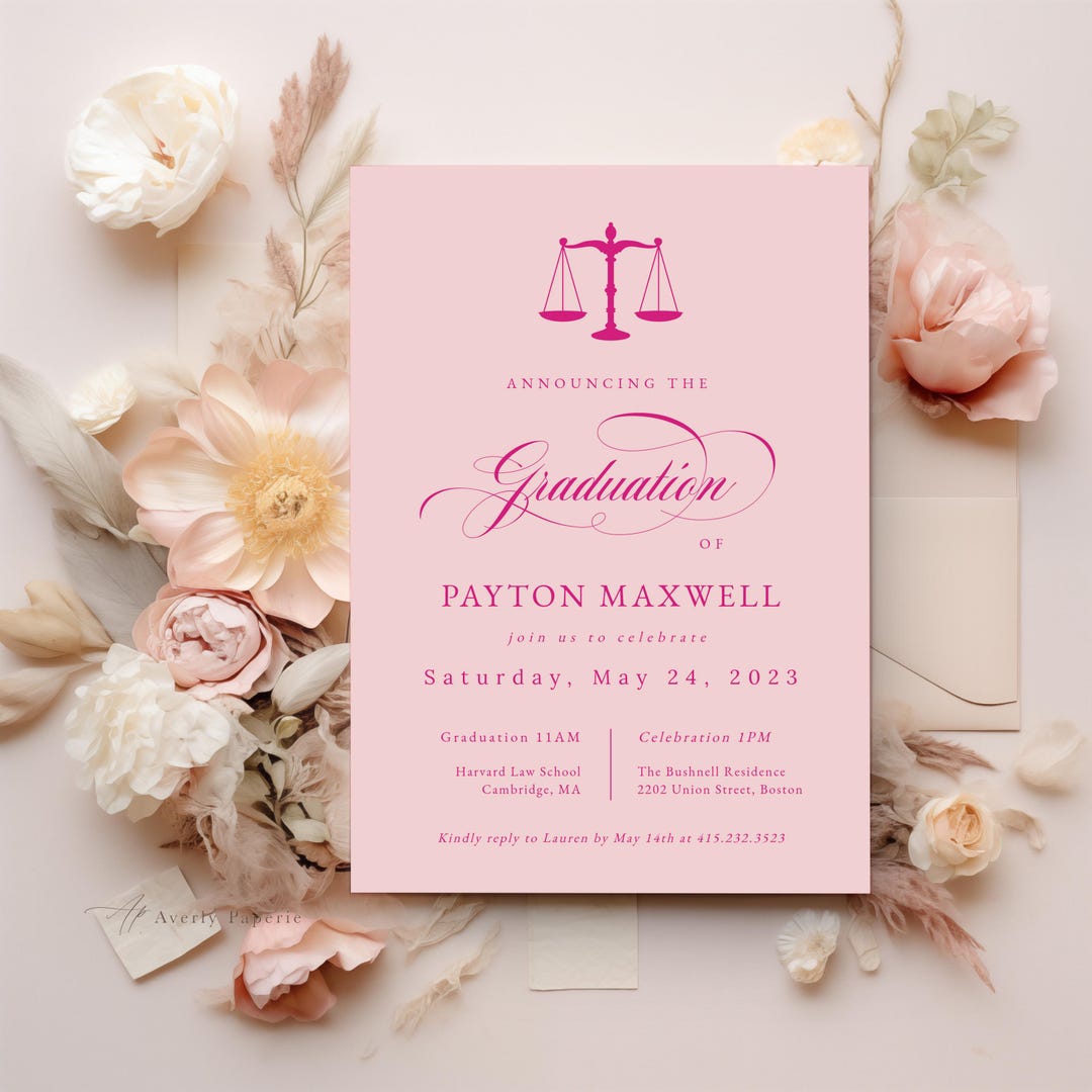 Pink Law School Graduation Party Invitation, Printable Hot Pink Law ...