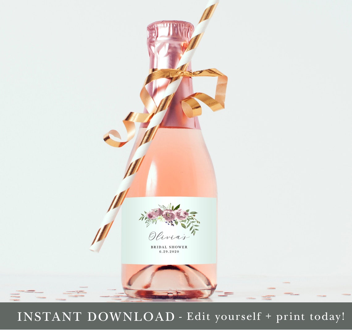Mini Champagne Bottle Label Template, Dusty Rose Wedding Favor Sticker ...