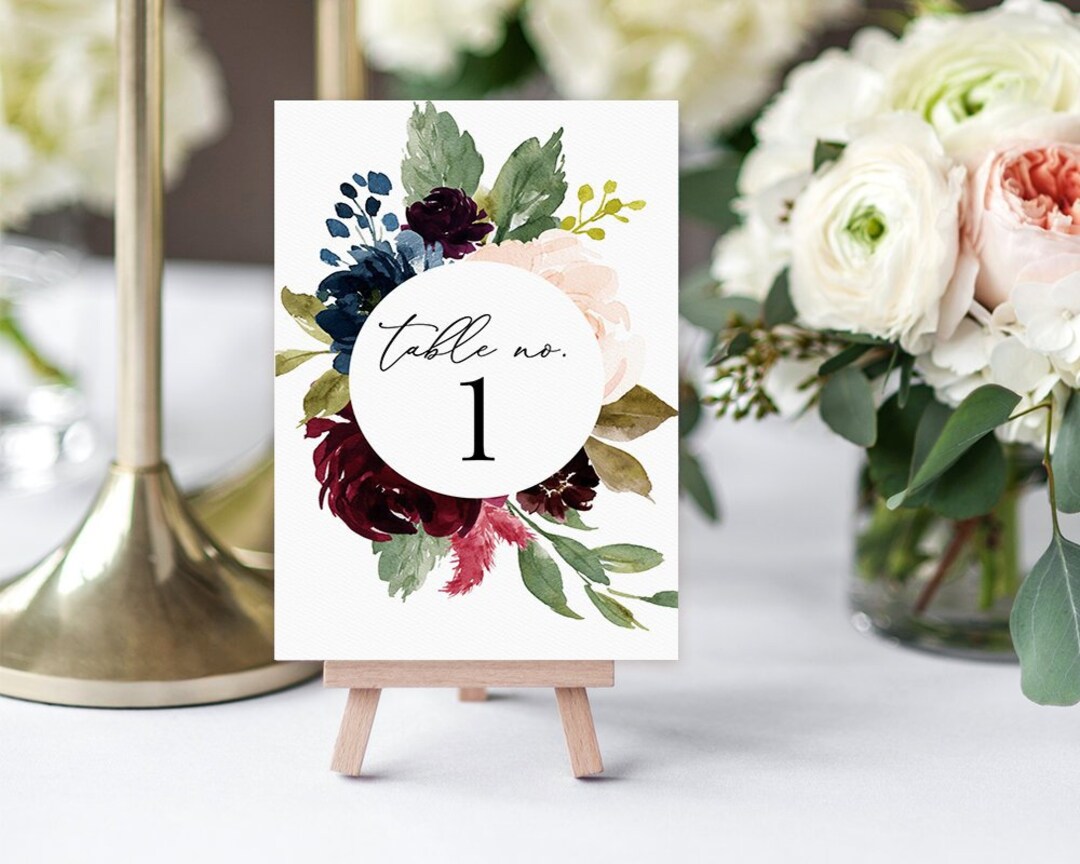 Navy Table Numbers Template, Navy and Burgundy Printable Table Numbers ...